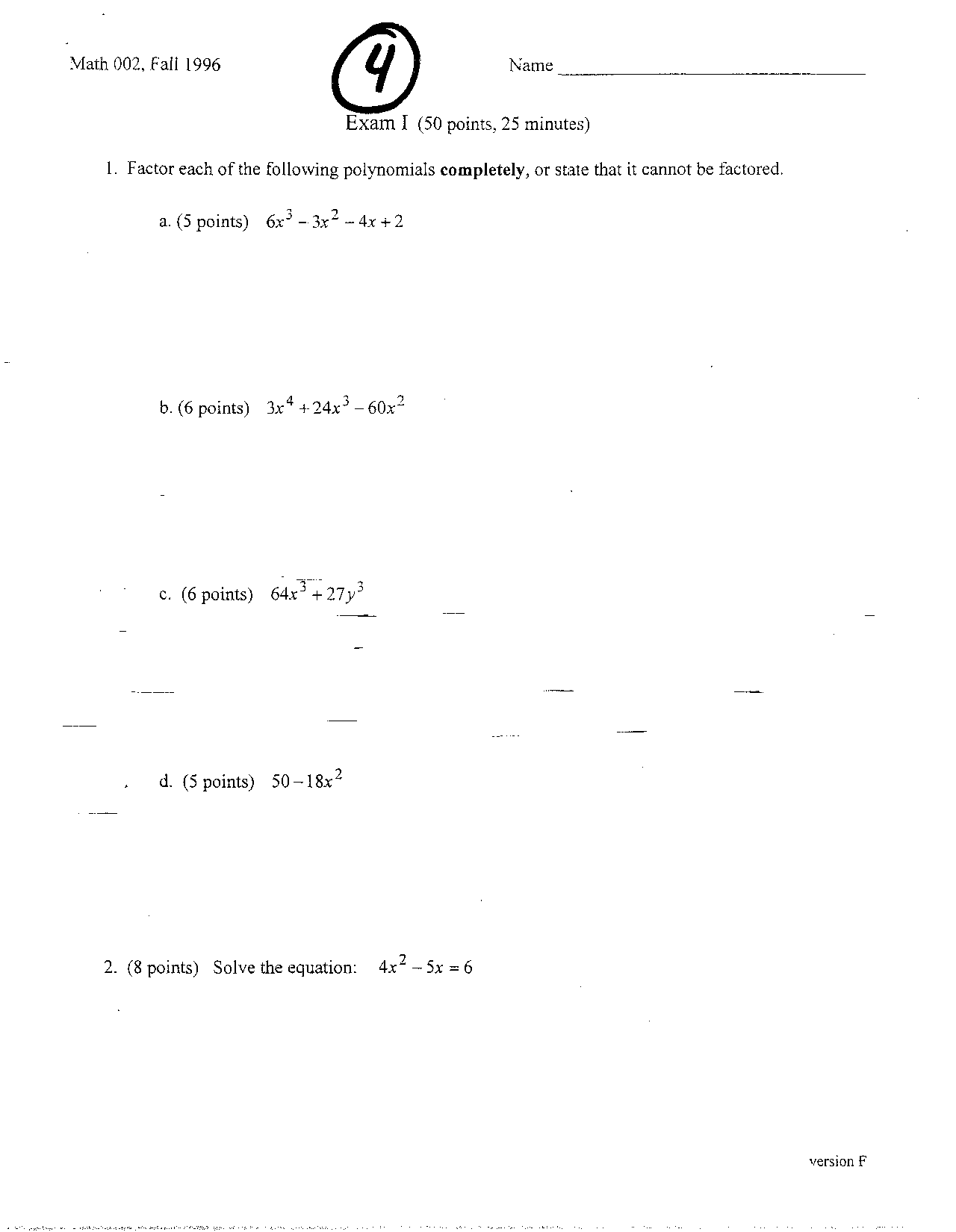 Exam 1 Solutions - Developmental Mathematics - Fall 1996 | MATH 003 ...