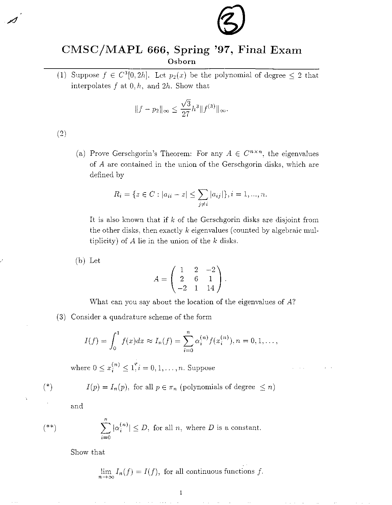 Final Exam Questions With Solutions Numerical Analysis I Cmsc 666