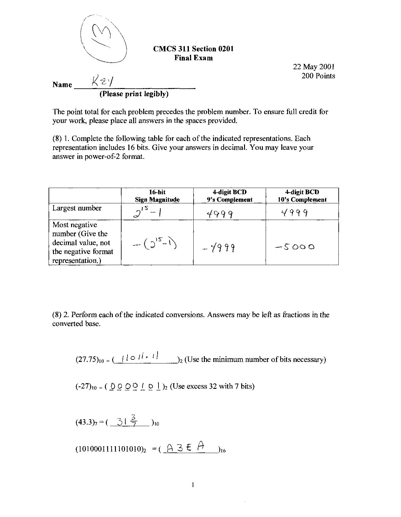 Final Exam With Answer Key Computer Organization Cmsc 311 Exams Computer Architecture And