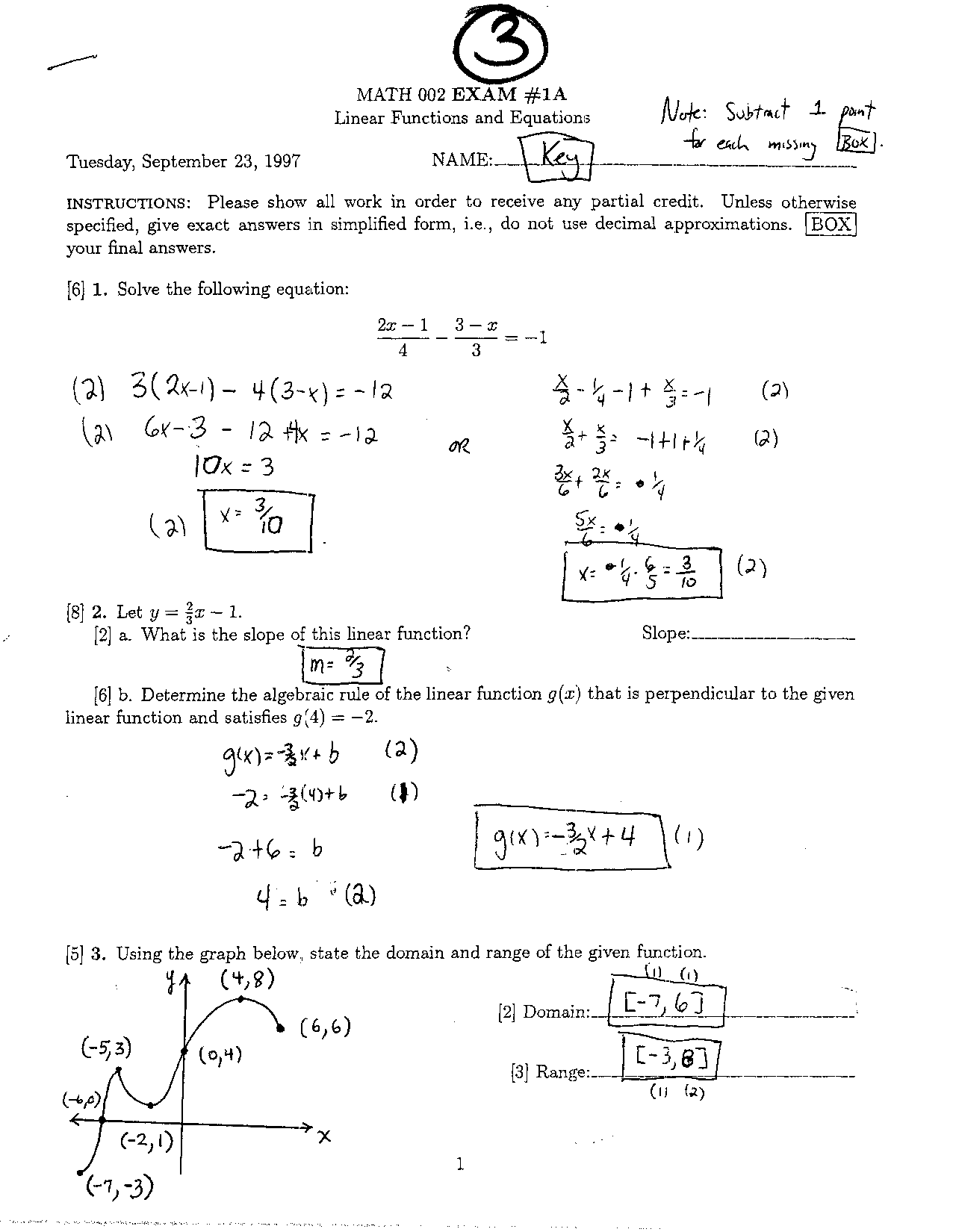 Exam 1 A With Answers Key Linear Functions And Equations Math 003