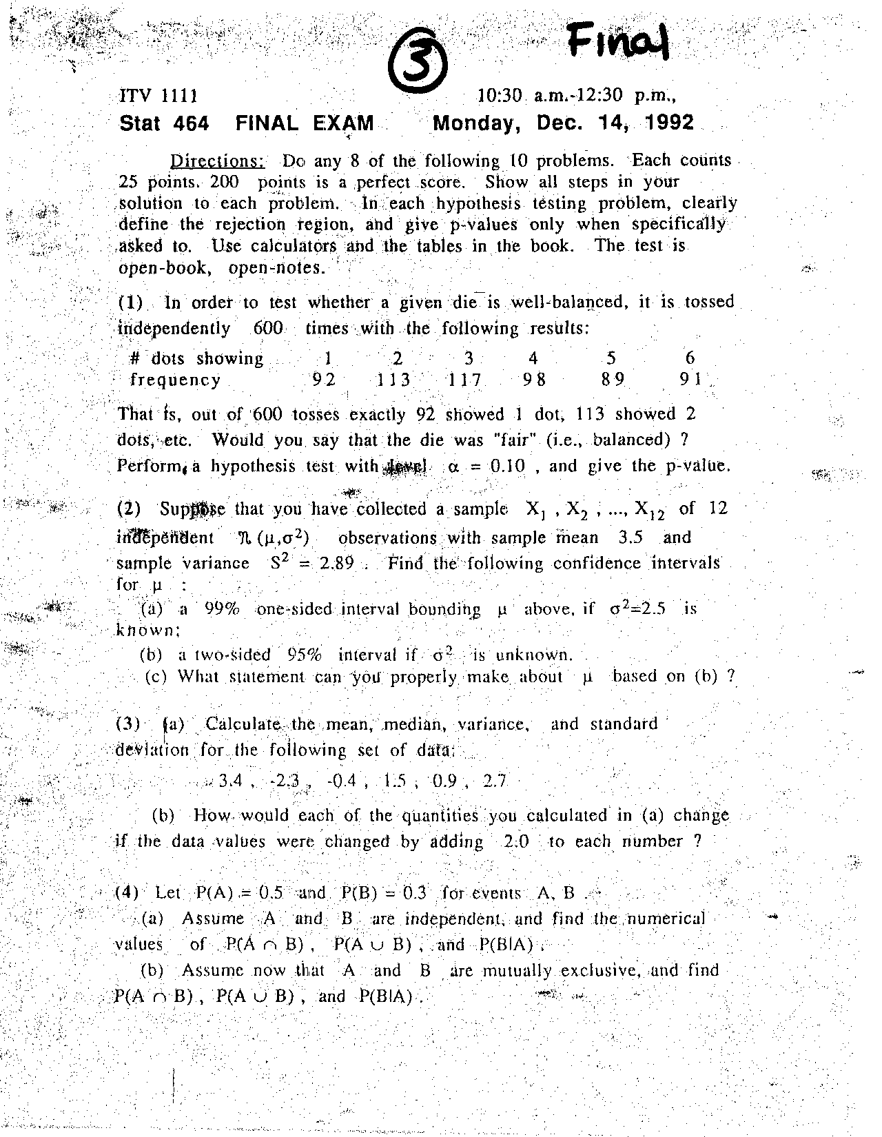 Final Exam Introduction To Biostatistics Stat 464 Docsity