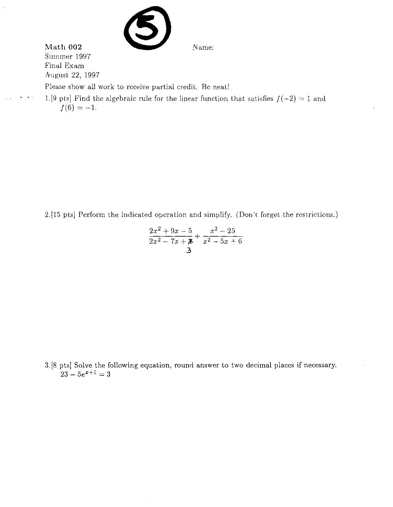 Final Exam 5 with 9 Questions - Developmental Mathematics | MATH 003 ...