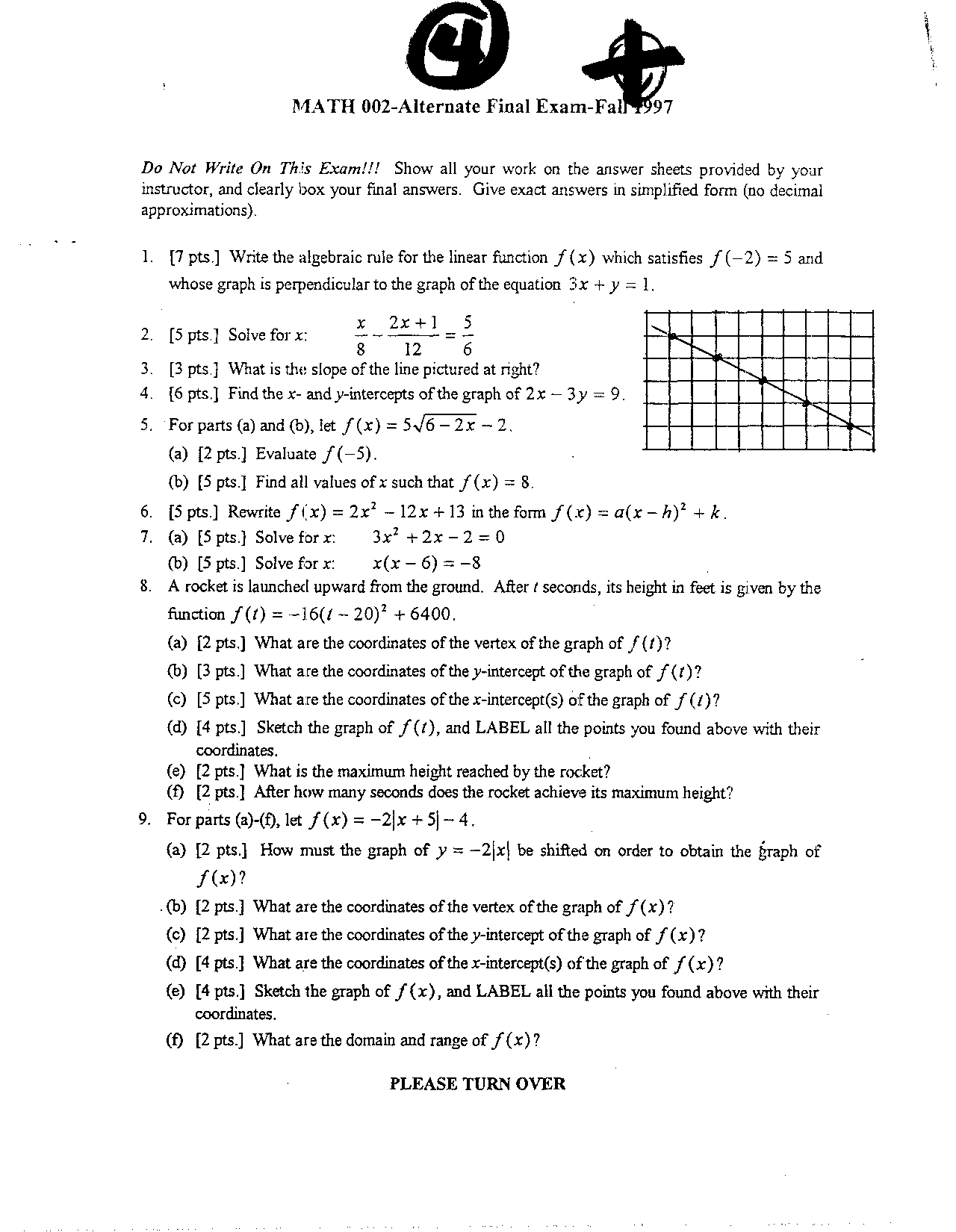 Math 002 Exam Linear Equations And Functions Exams Mathematics Docsity