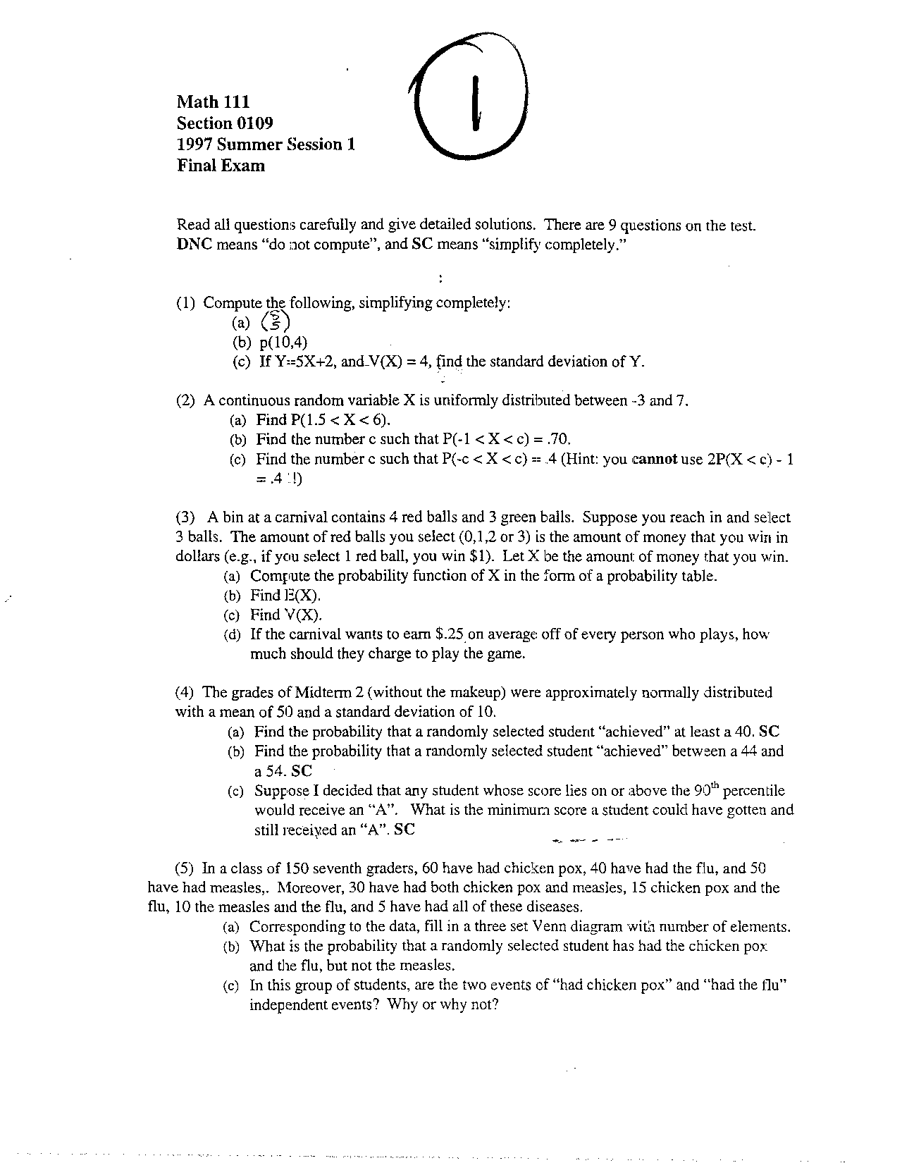 Practice Final Exam - Introduction to Probability | MATH 111 - Docsity