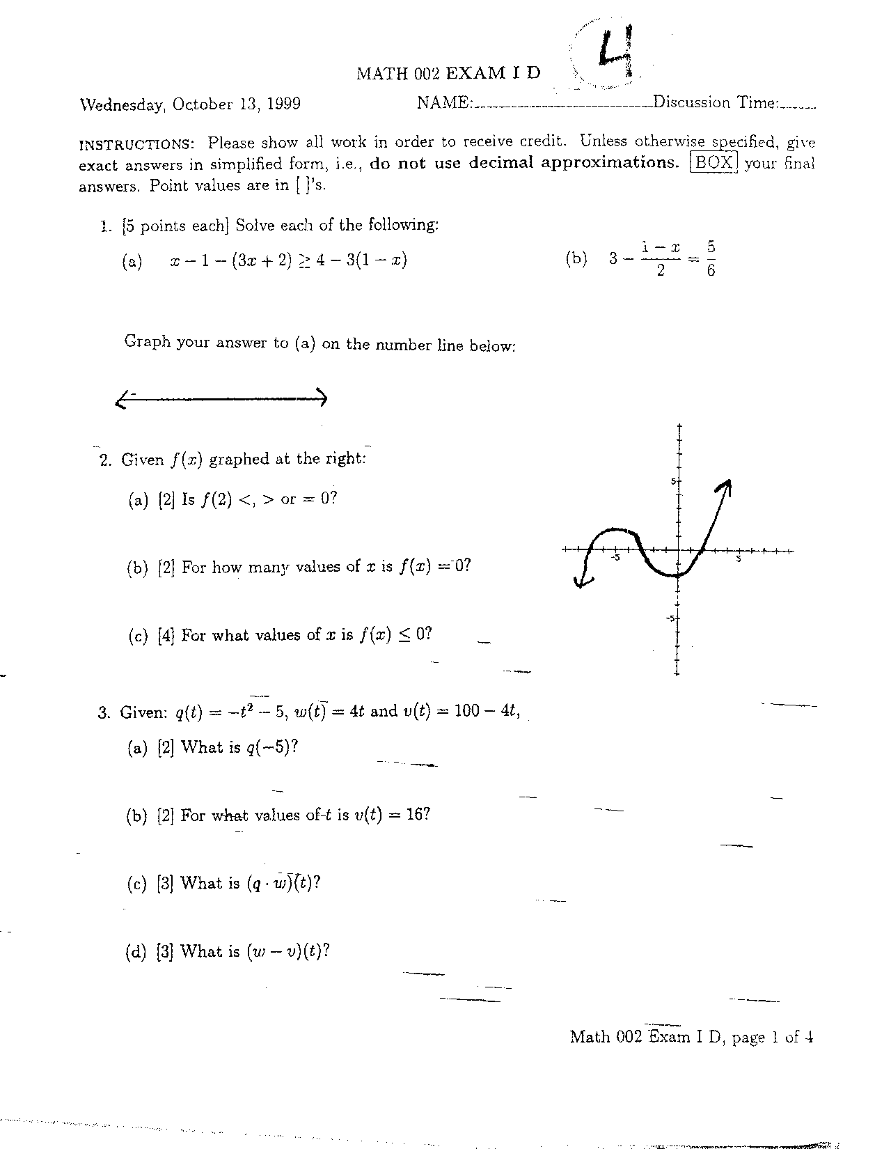 Exam 1d With 10 Questions Developmental Mathematics Math 003 Docsity