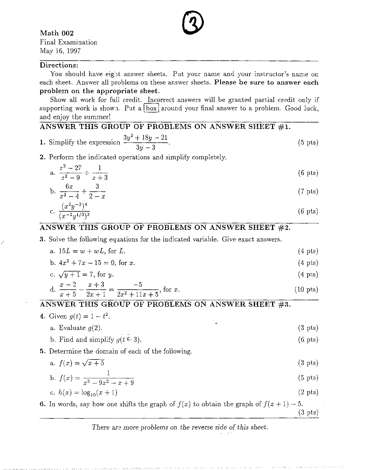 Final Examination with 20 Questions - Developmental Mathematics | MATH ...