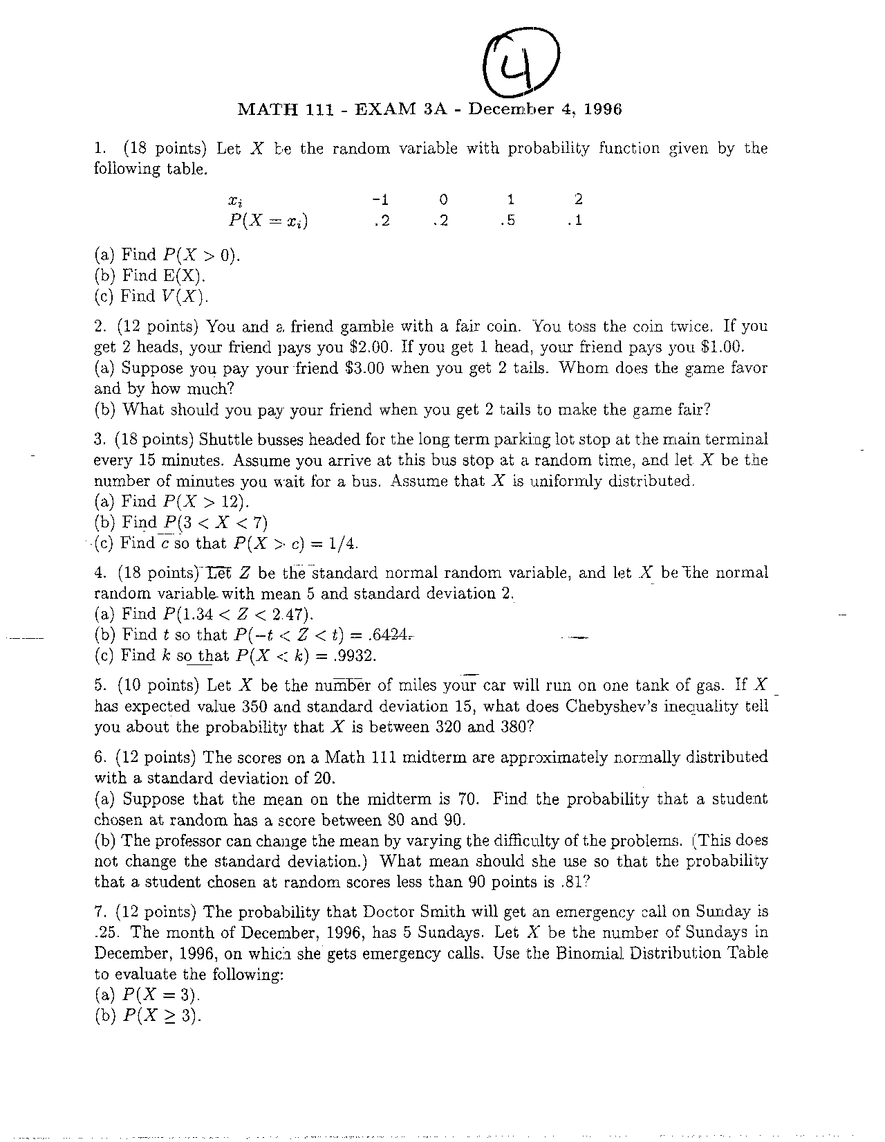 Solved Exam 3A - Introduction to Probability | MATH 111 | Exams Probability and Statistics | Docsity