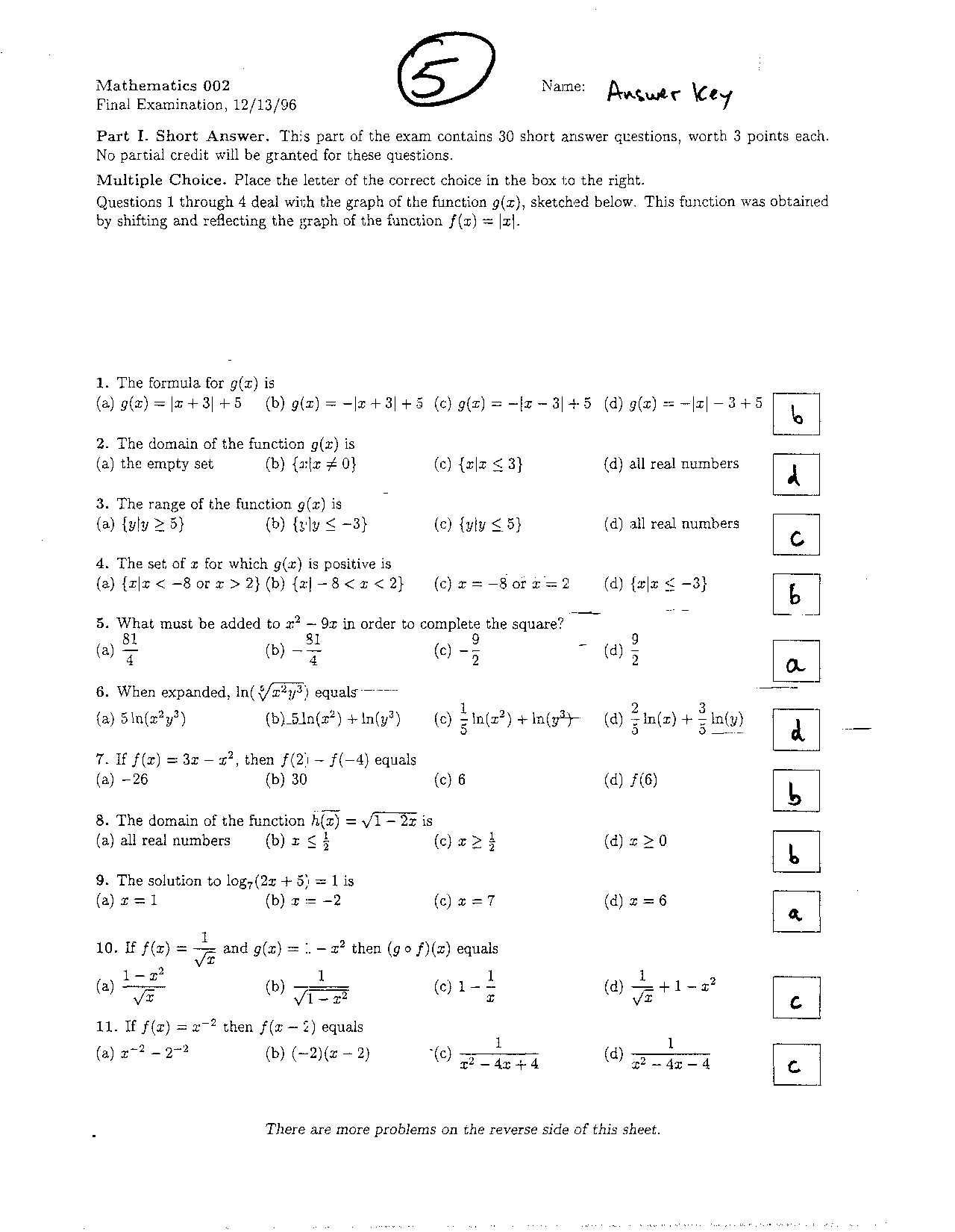 Final Examination With Answer Key Developmental Mathematics Math