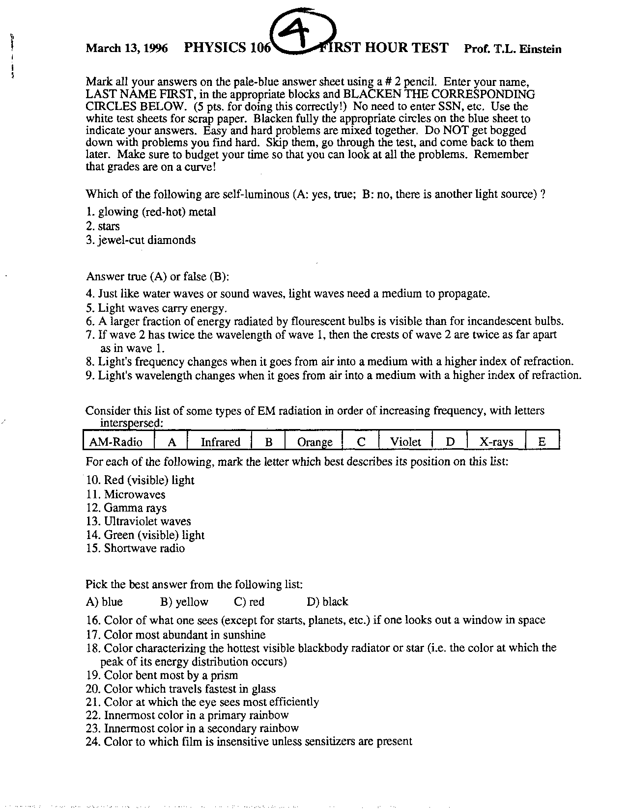 First Hour Physics Test: Self-Luminous Objects and Optics - Prof ...
