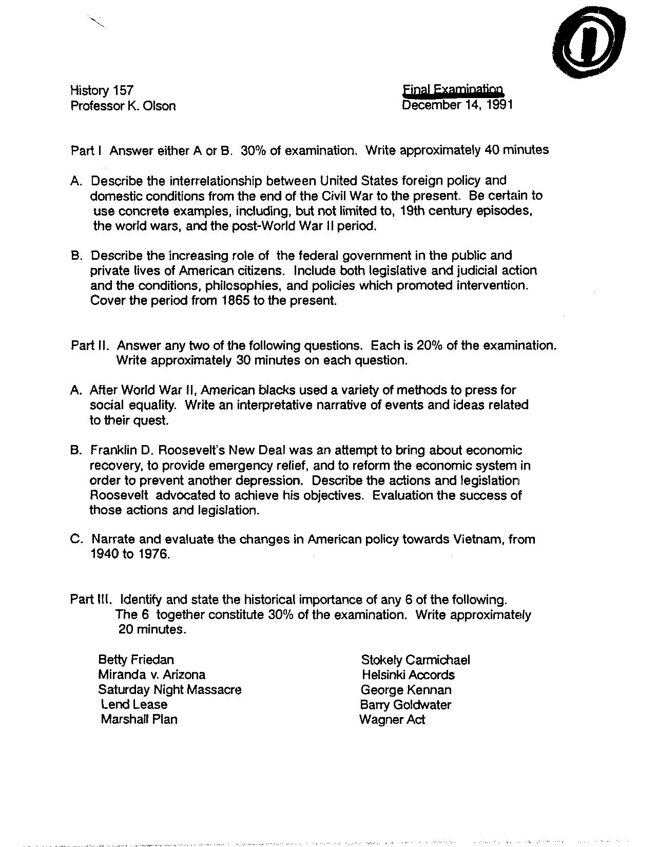 Final Examination Questions for History United States Since 1865 | HIST ...