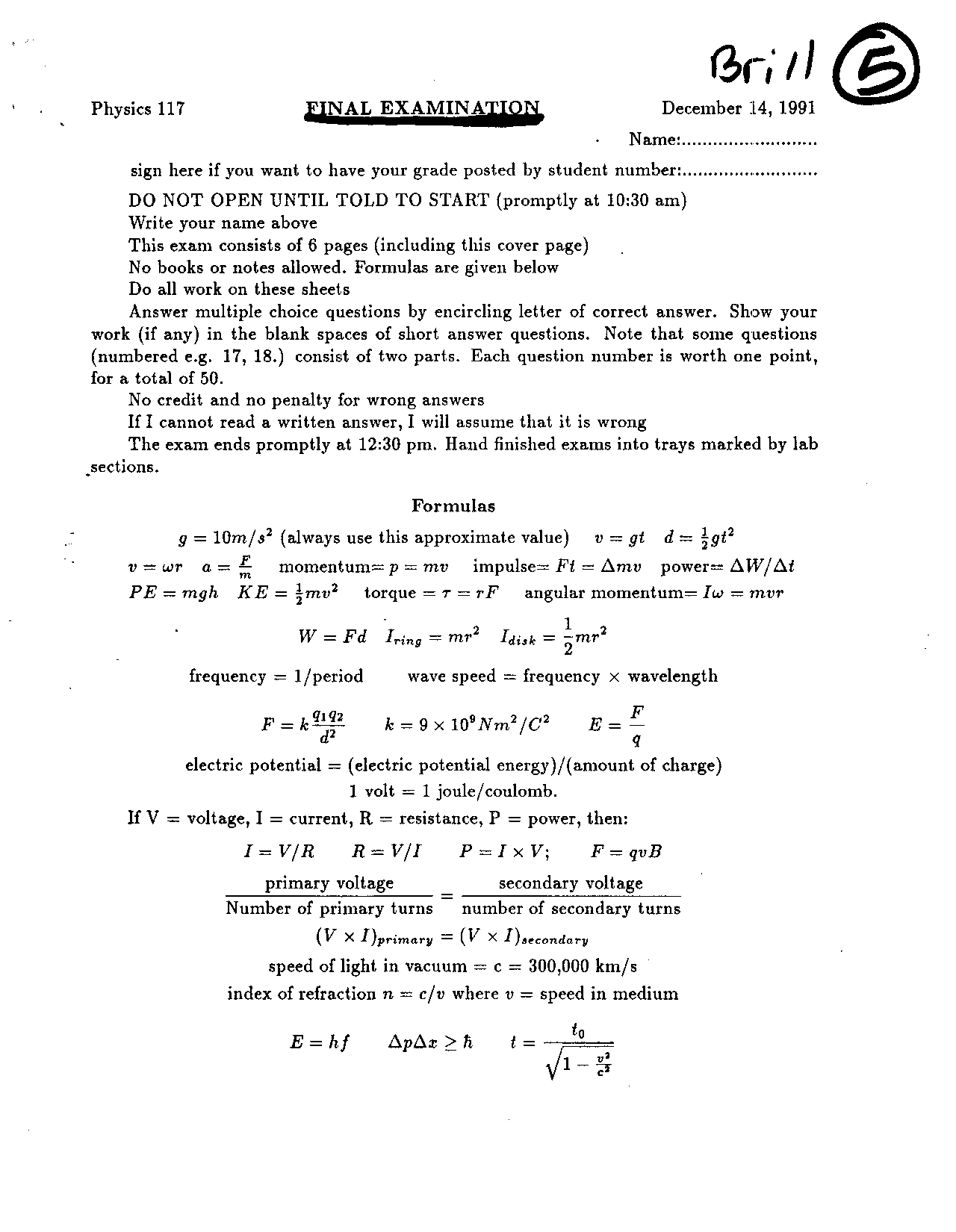 Final Exam With Multiple Choice Questions Introduction To Physics