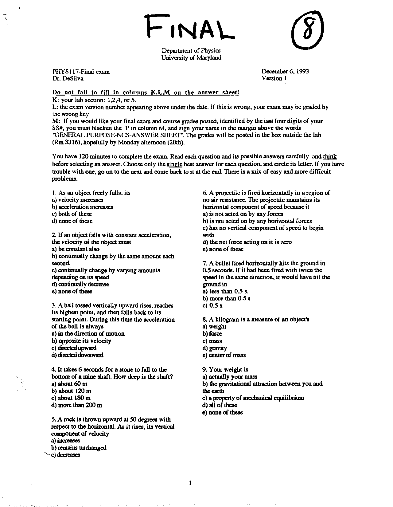 Final Exam With 99 Questions Introduction To Physics Phys 117 Docsity