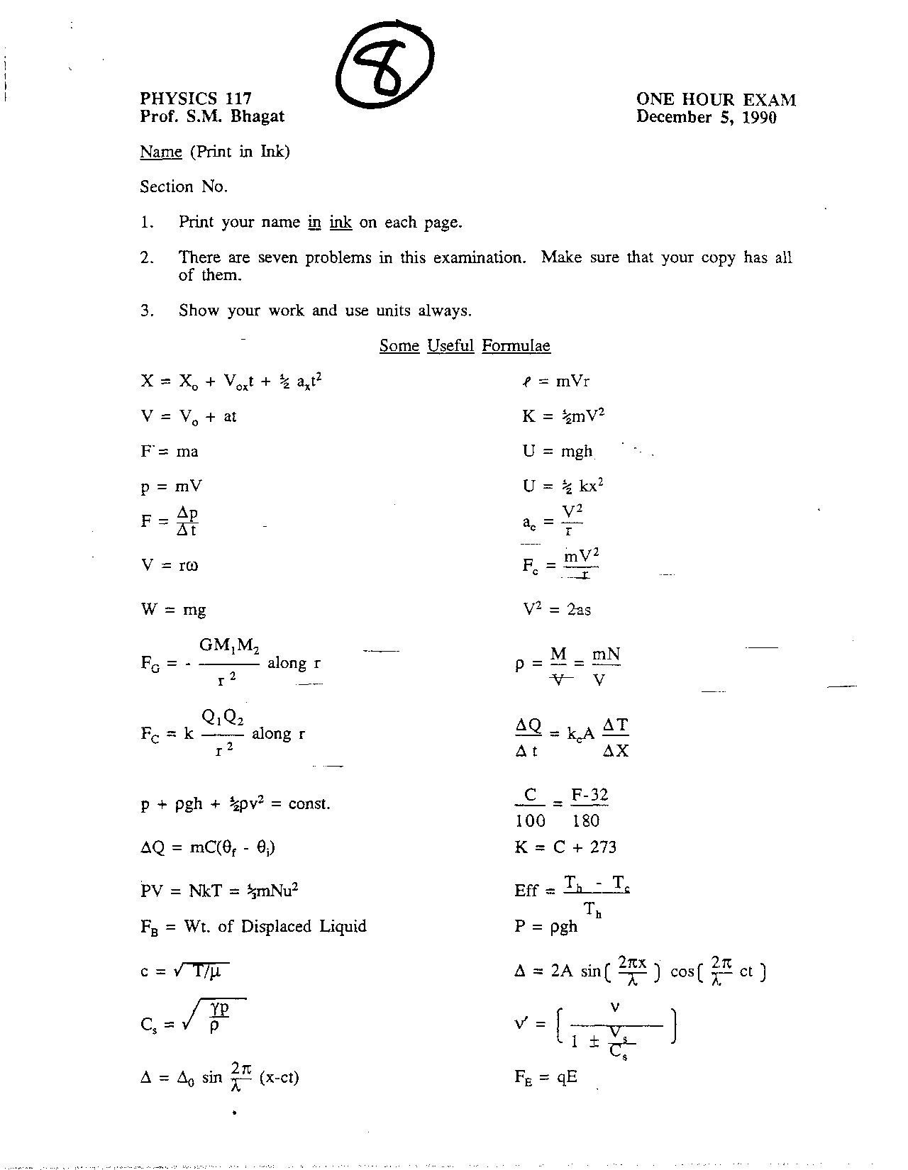 Exam 1 With 6 Problems Introduction To Physics Phys 117 Docsity