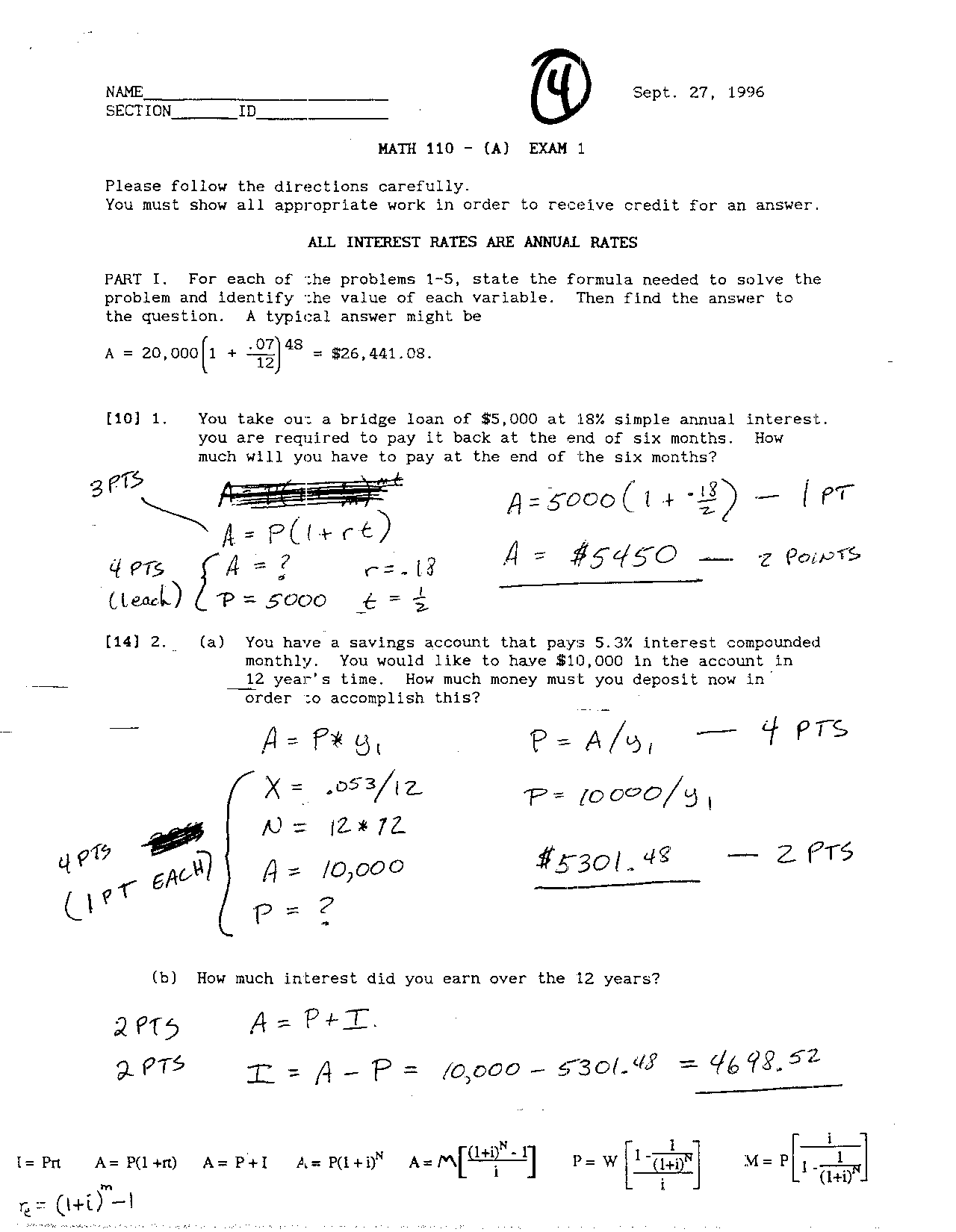 Solution To Exam 1 Elementary Mathematical Models Math 110 Docsity