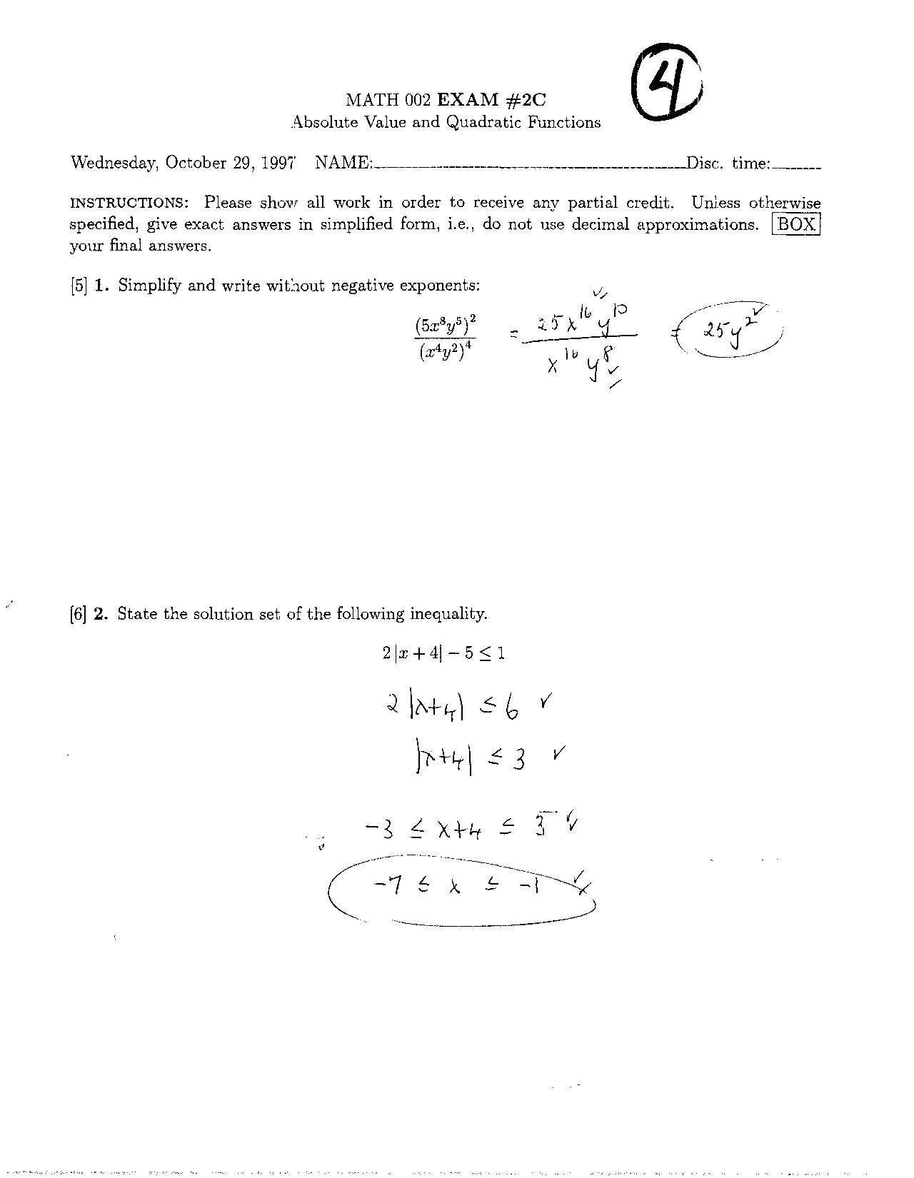 MATH 002 Exam: Absolute Value and Quadratic Functions | Exams Mathematics | Docsity