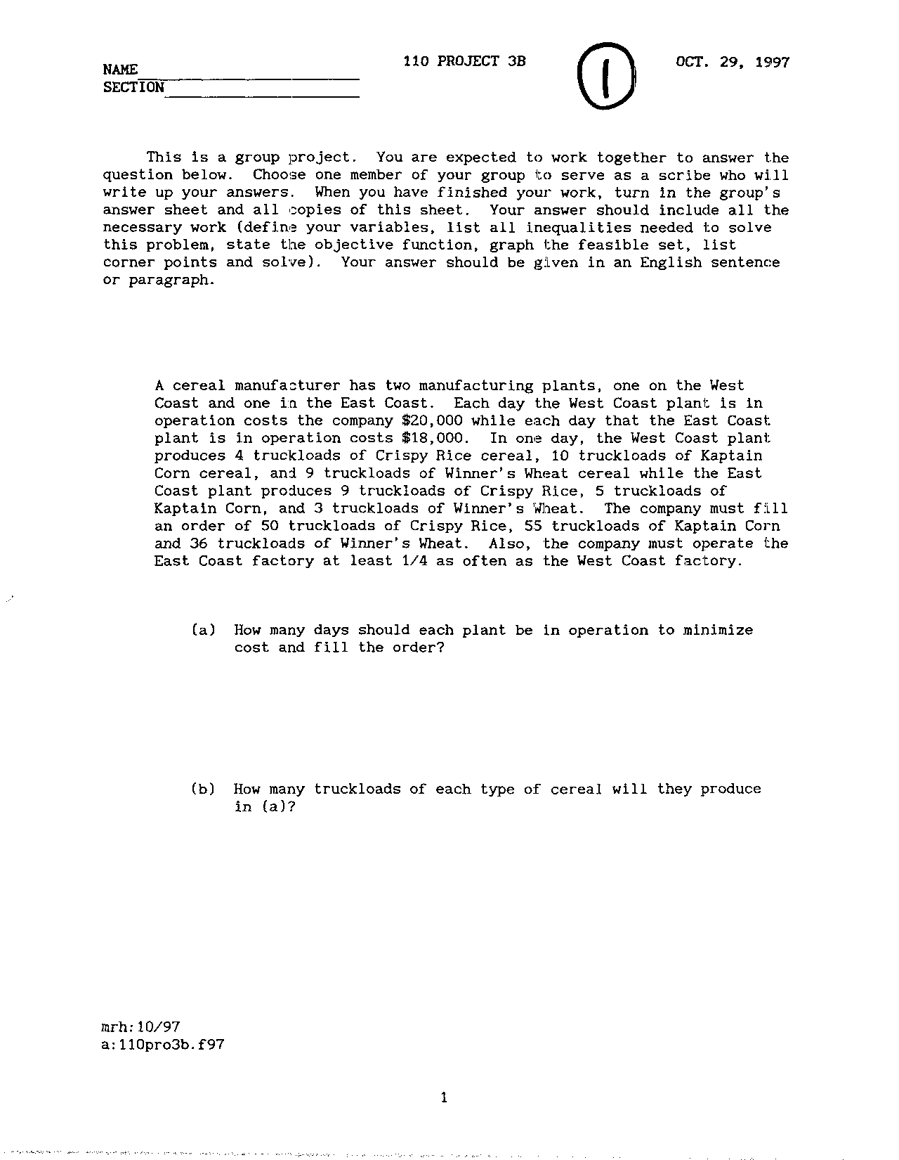 Project 3b Questions Elementary Mathematical Models Math 110 Docsity