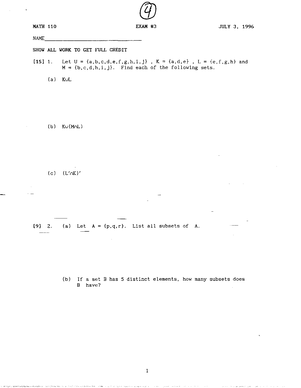 Exam 3 With 7 Questions Elementary Mathematics Models Math 110