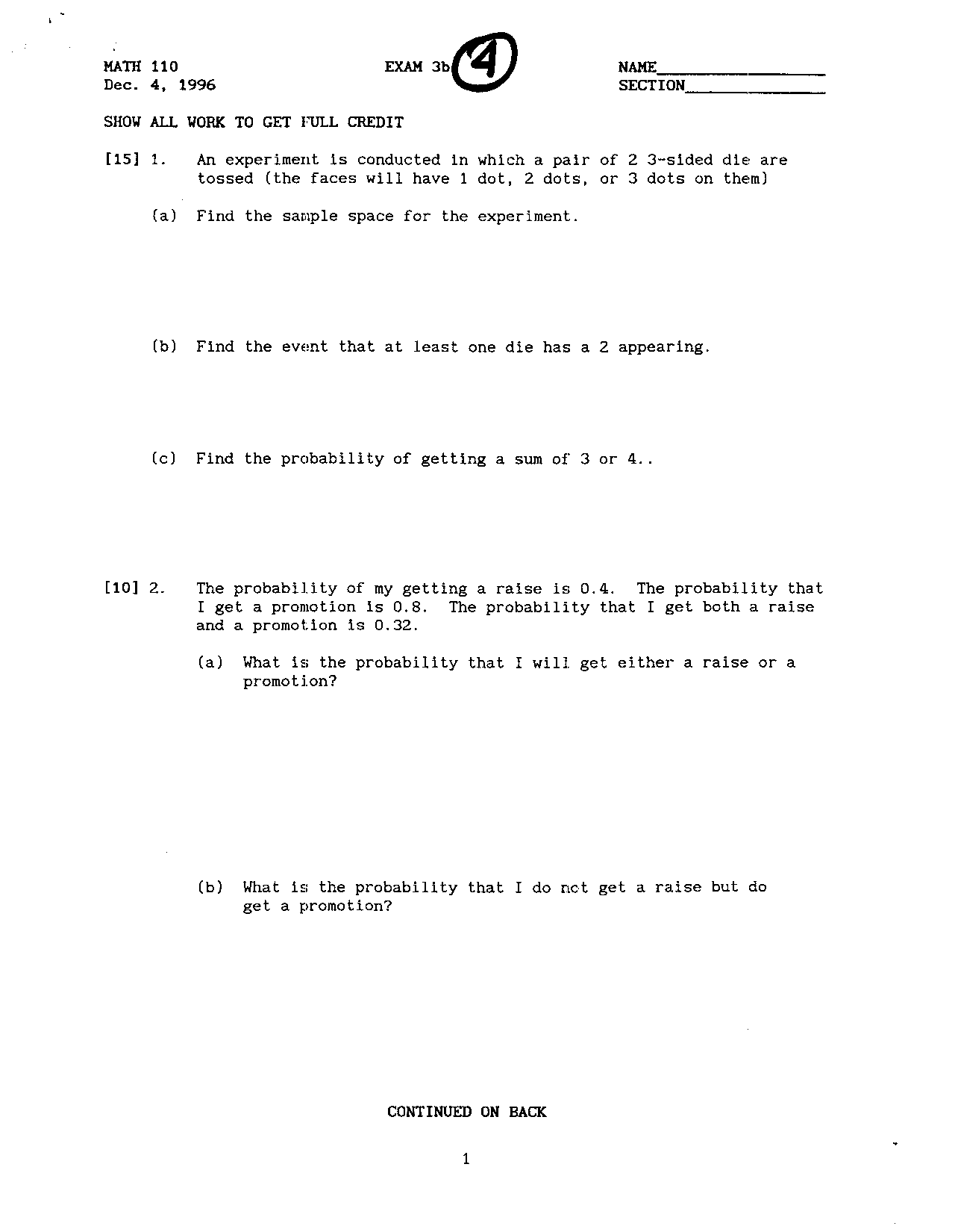 7 Questions For Exam 3b Elementary Mathematical Models Math 110