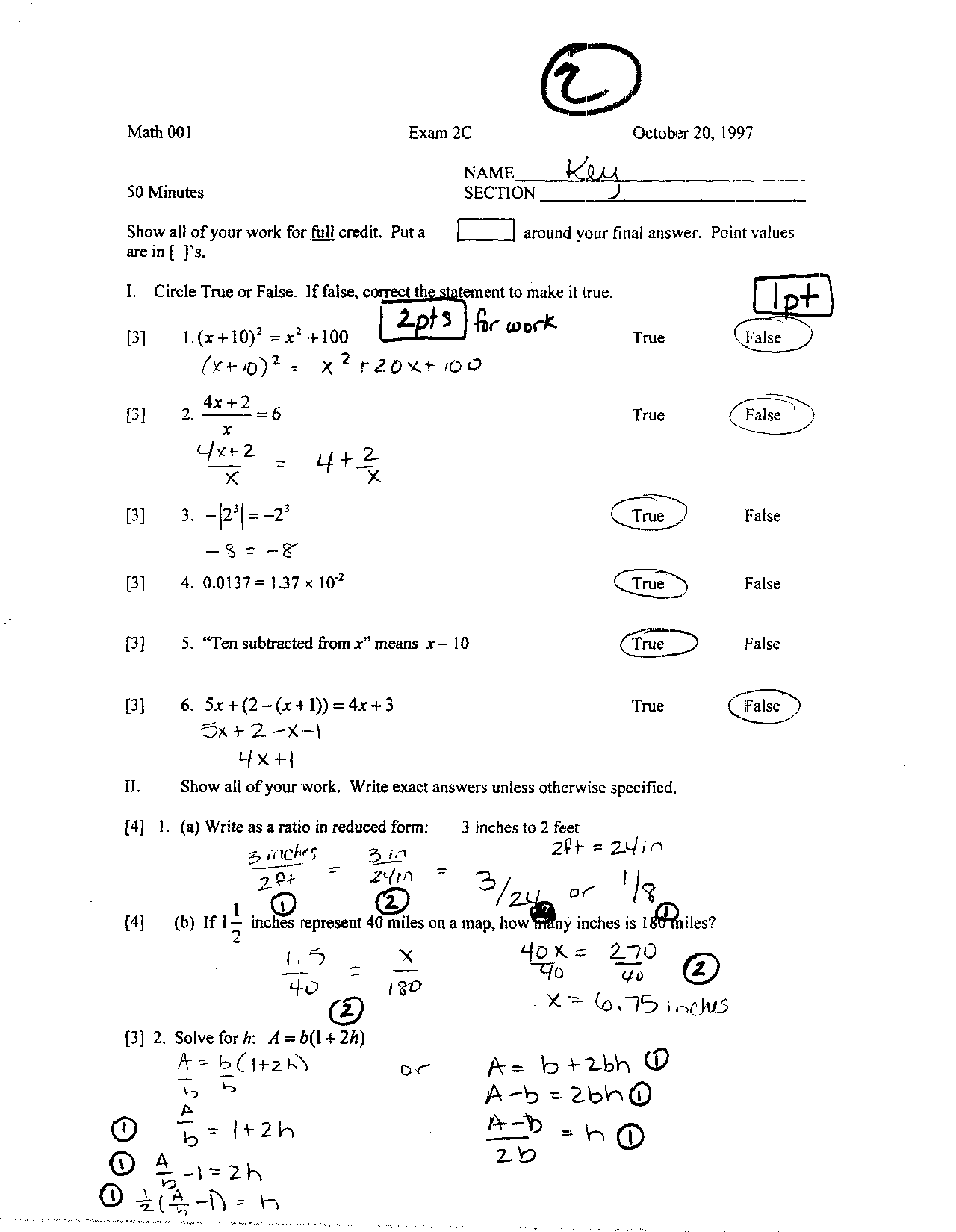 Exam 2c Answers For Developmental Mathematics Math 003 Docsity