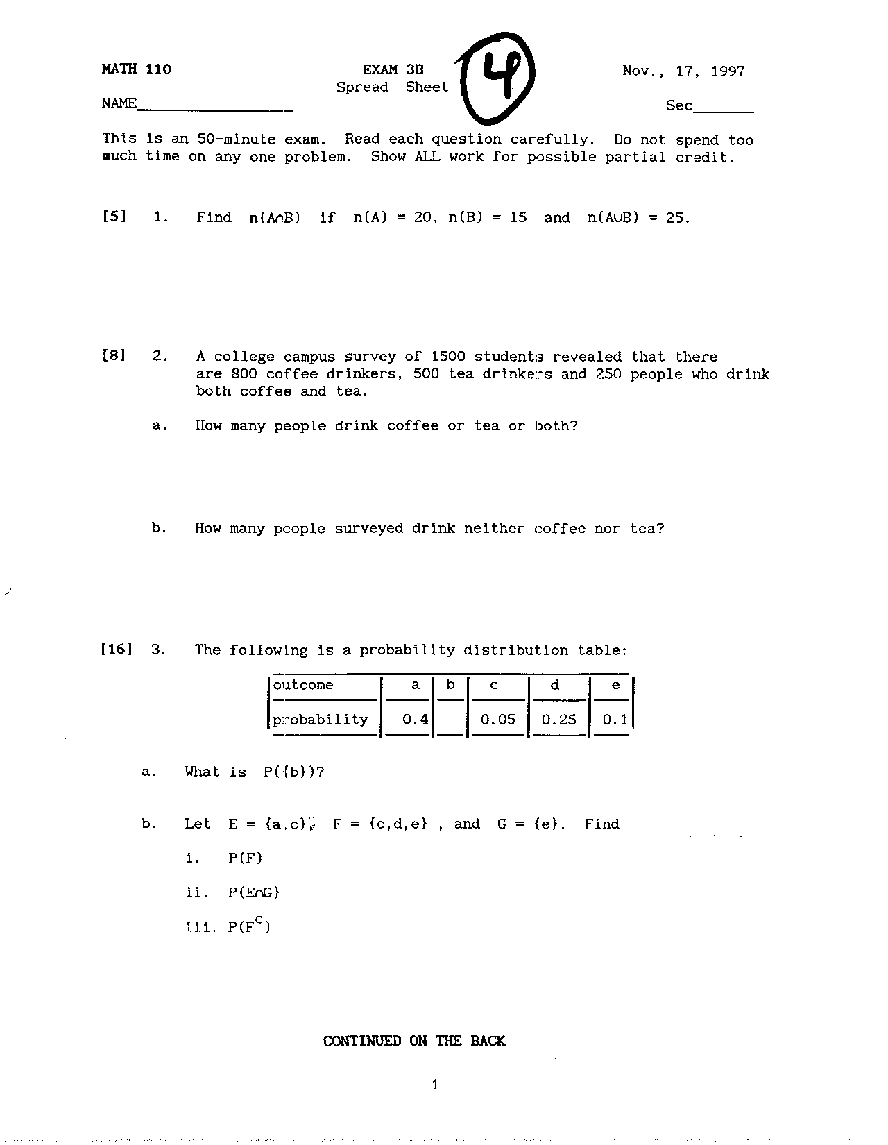 Exam 3 With 10 Questions Elementary Mathematical Models Math 110