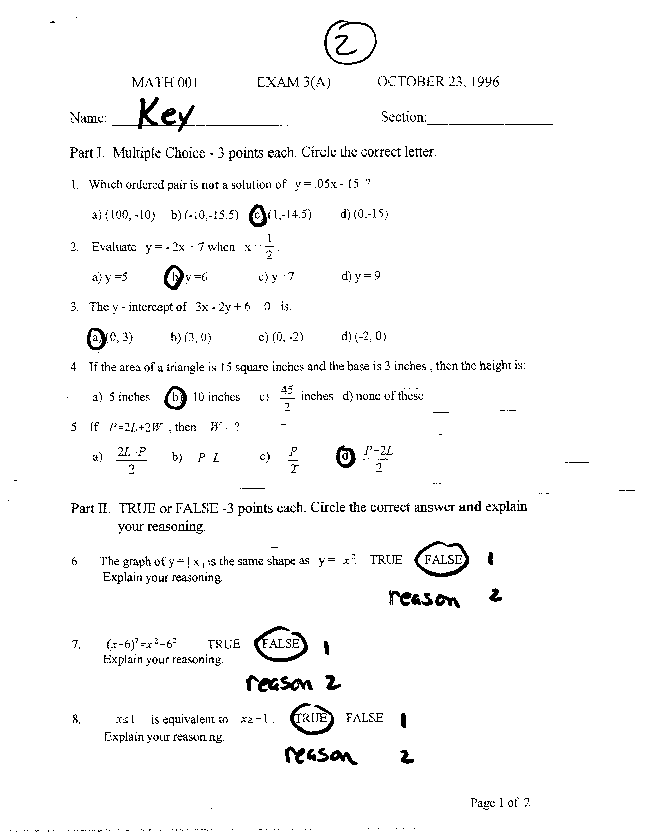 Exam 3A with Answer Key - Development Mathematics | MATH 003 - Docsity