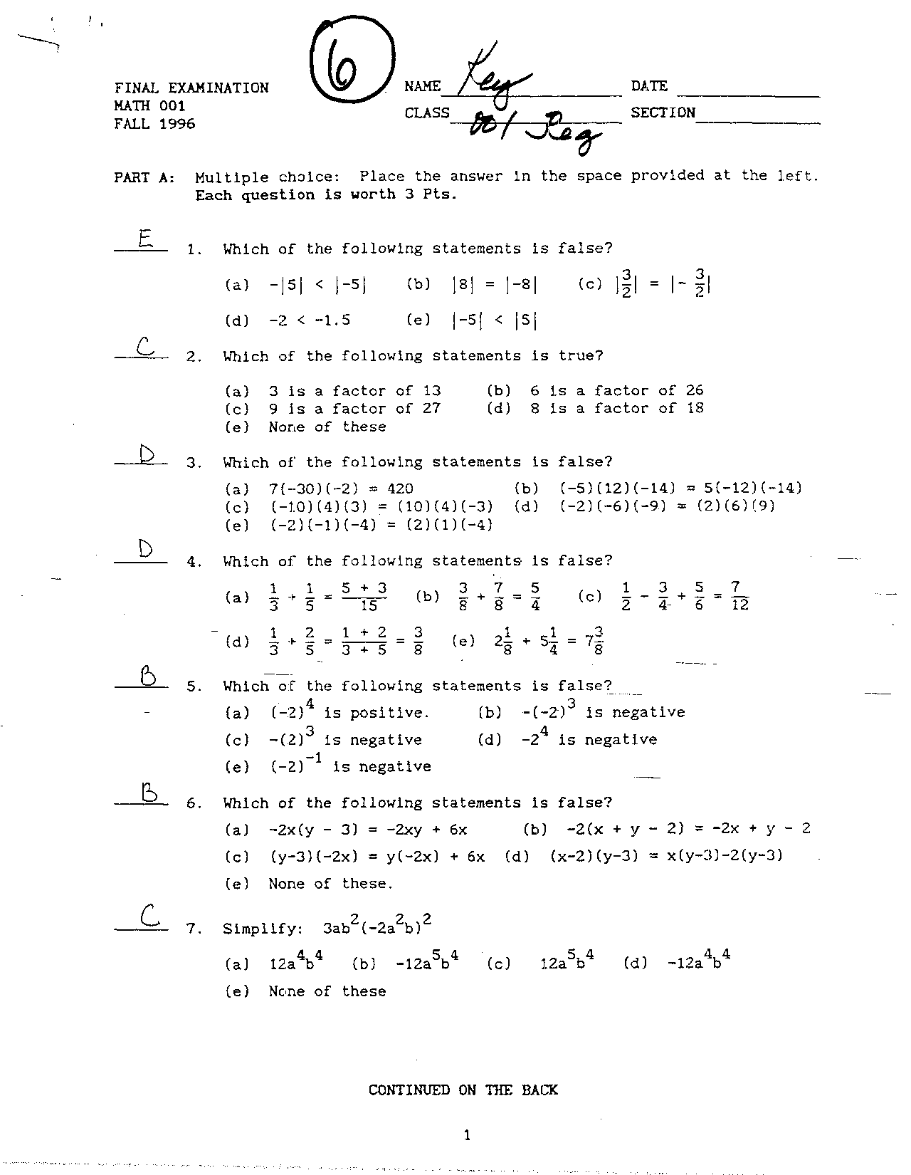 Final Exam With Answer Key Developmental Mathematics Math 003 Docsity