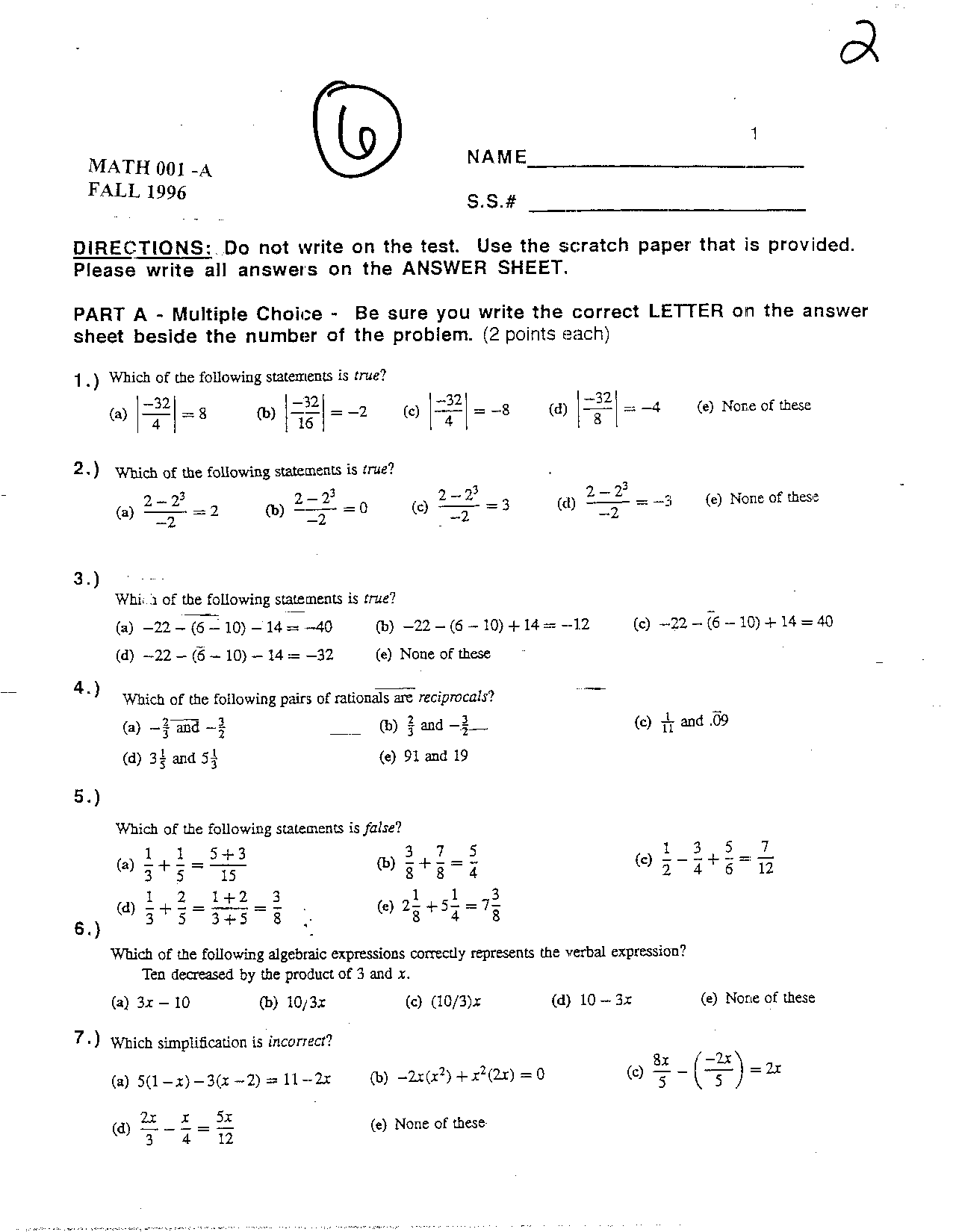 Final Exam A With Answer Key Developmental Mathematics Math 003