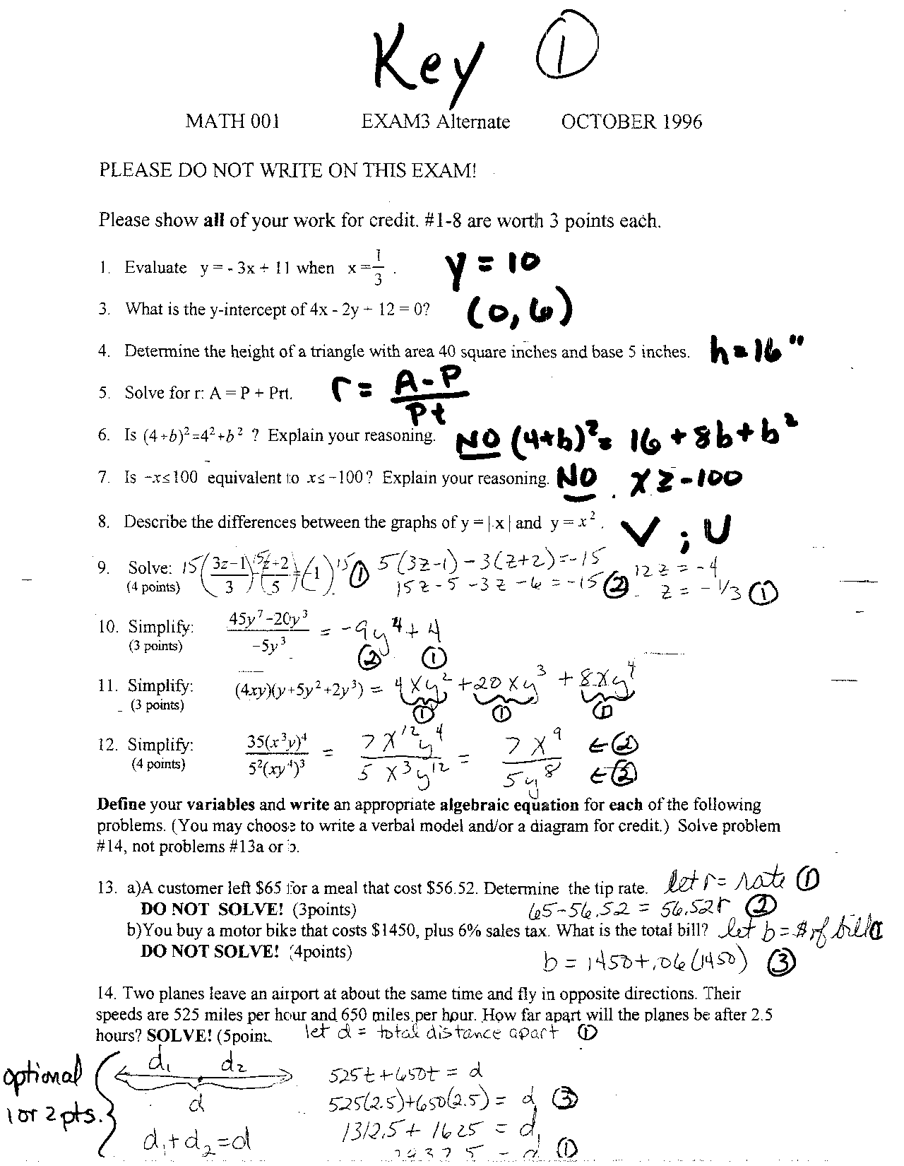 Alternate Exam Key Developmental Mathematics Math 003 Docsity