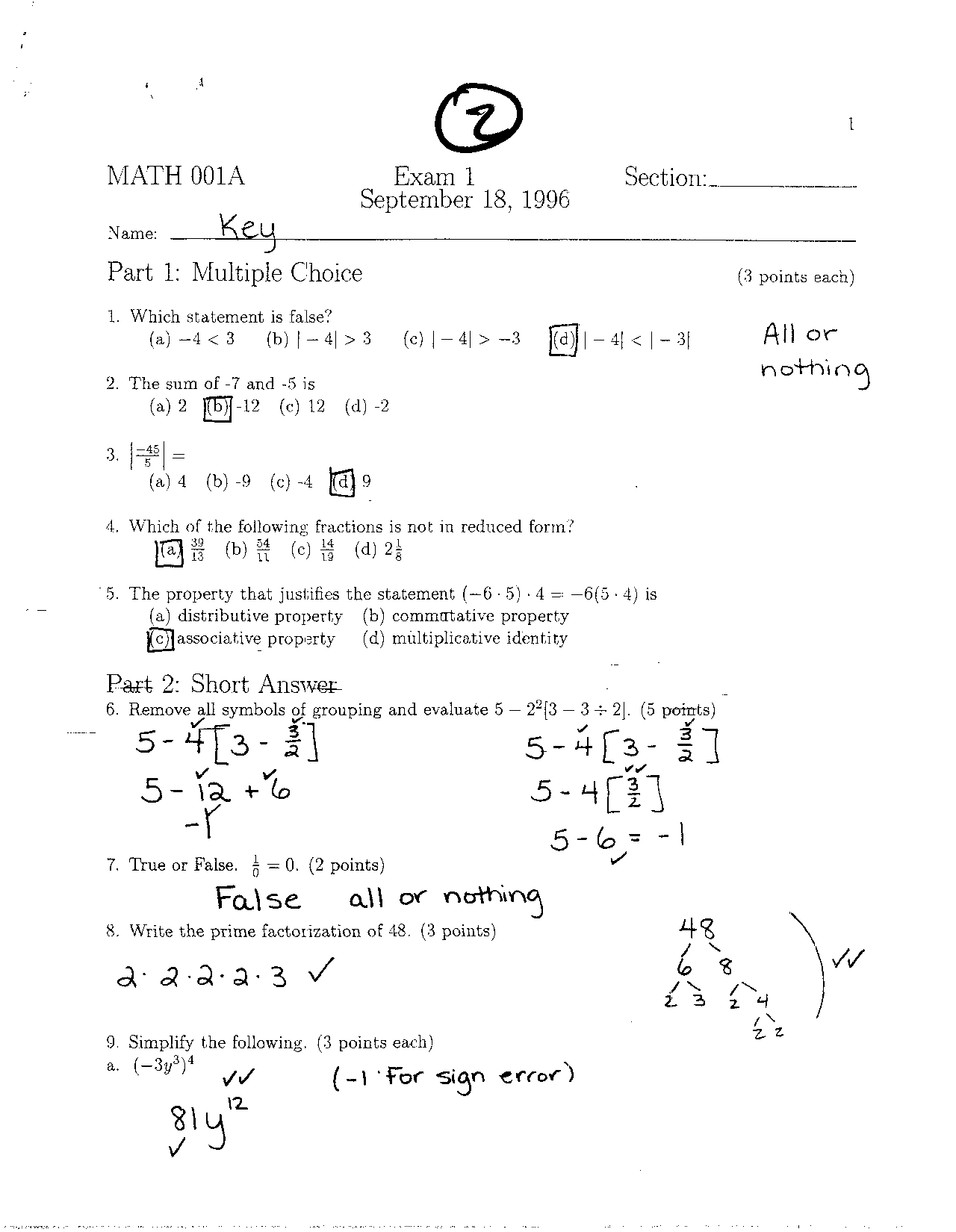Developmental Mathematics Exam 1 Answer Key Fall 1996 Math 003