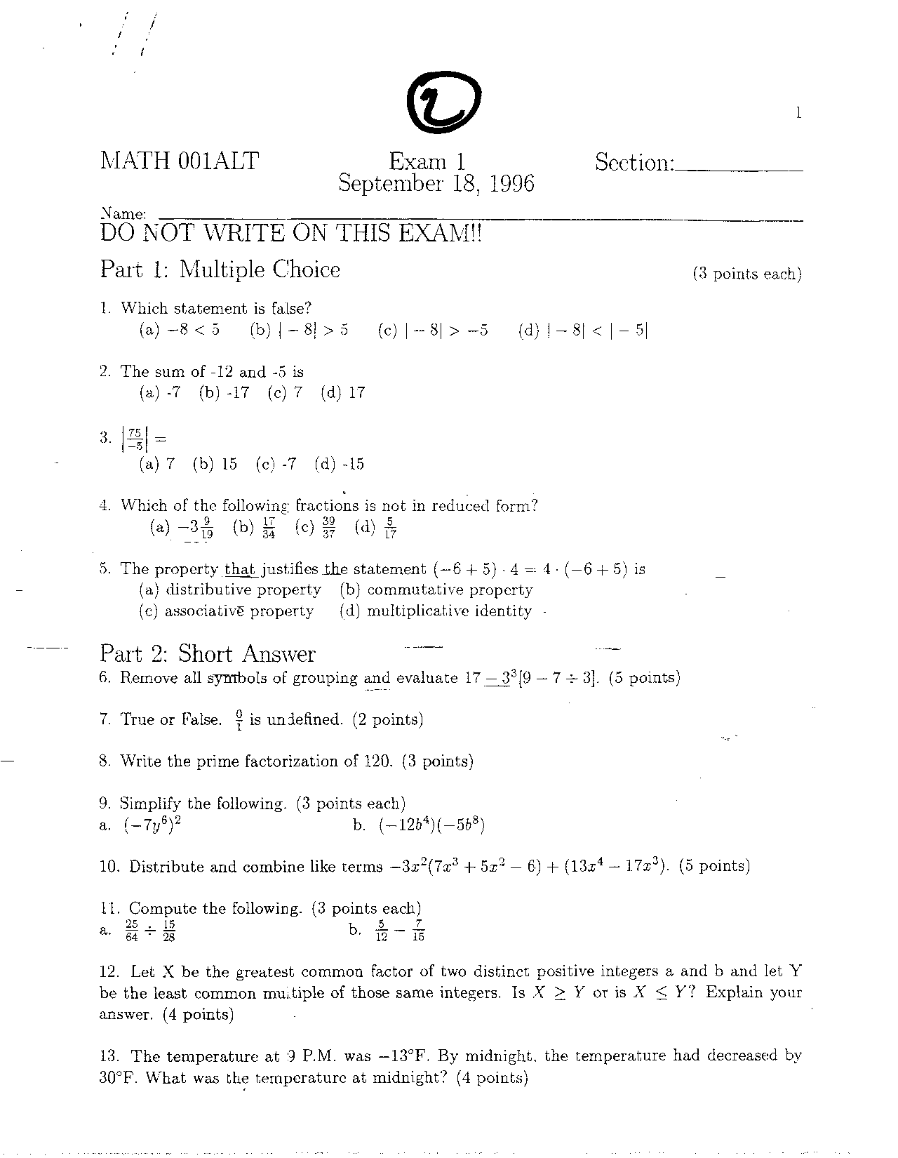 MATH 001 Exam 1 - September 18, 1996 | Exams Mathematics | Docsity