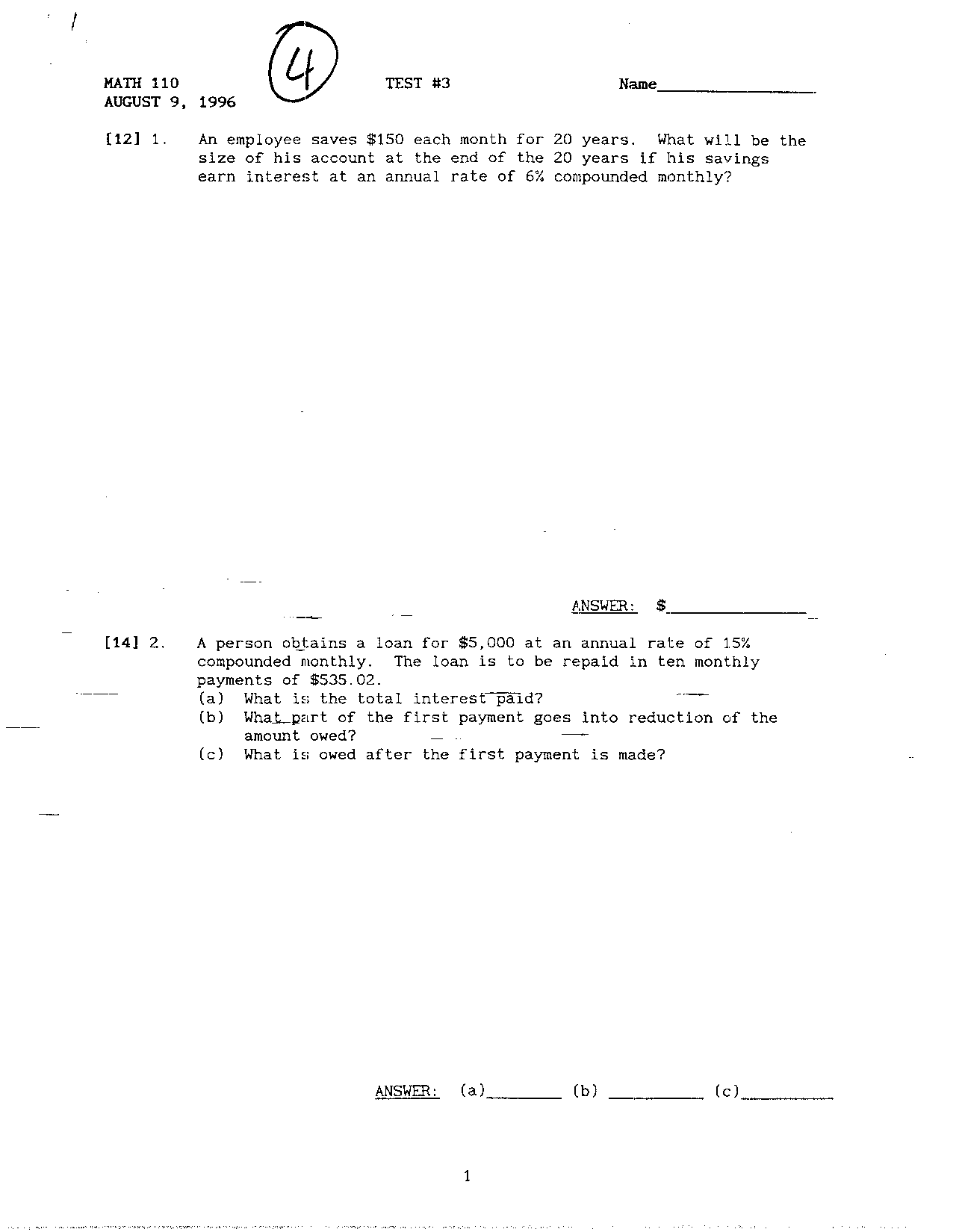 Test 3 Questions Elementary Mathematics Models Math 110 Docsity