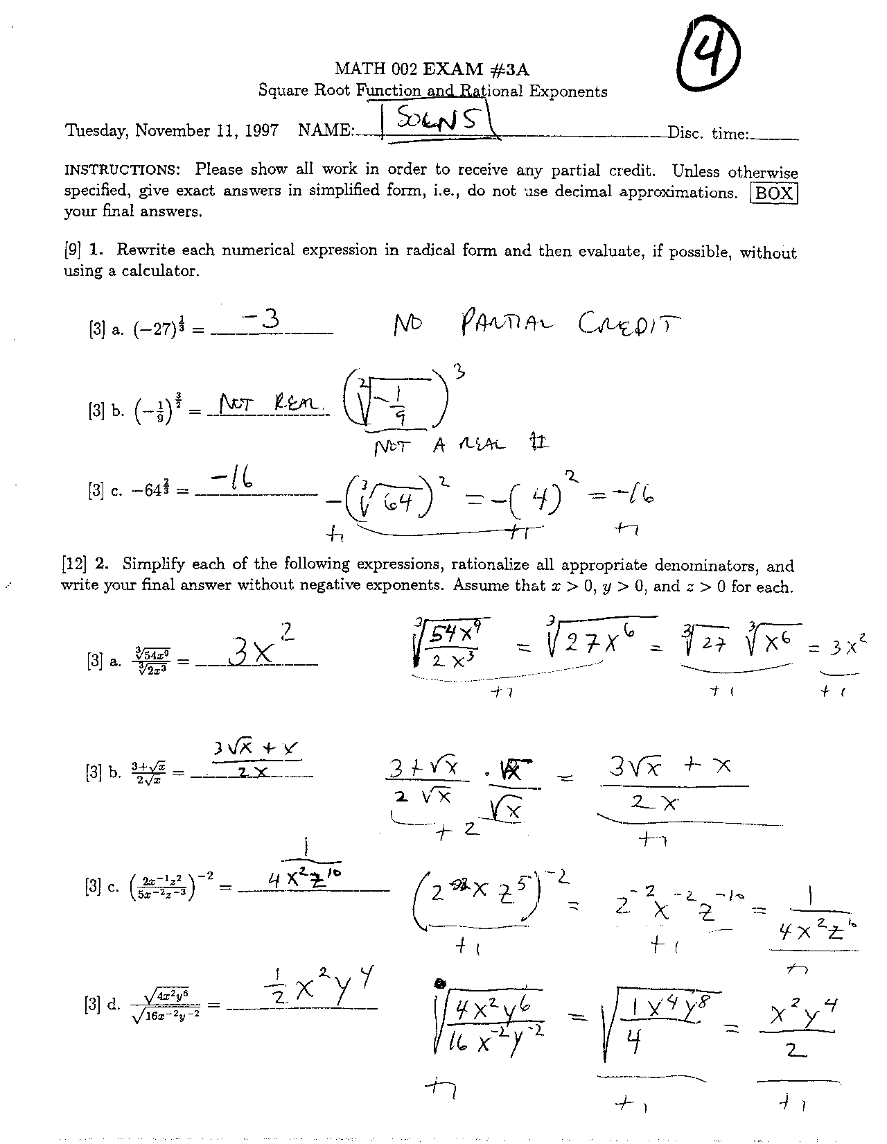 Square Root Functions and Rational Exponents - Test III | MATH 003 ...