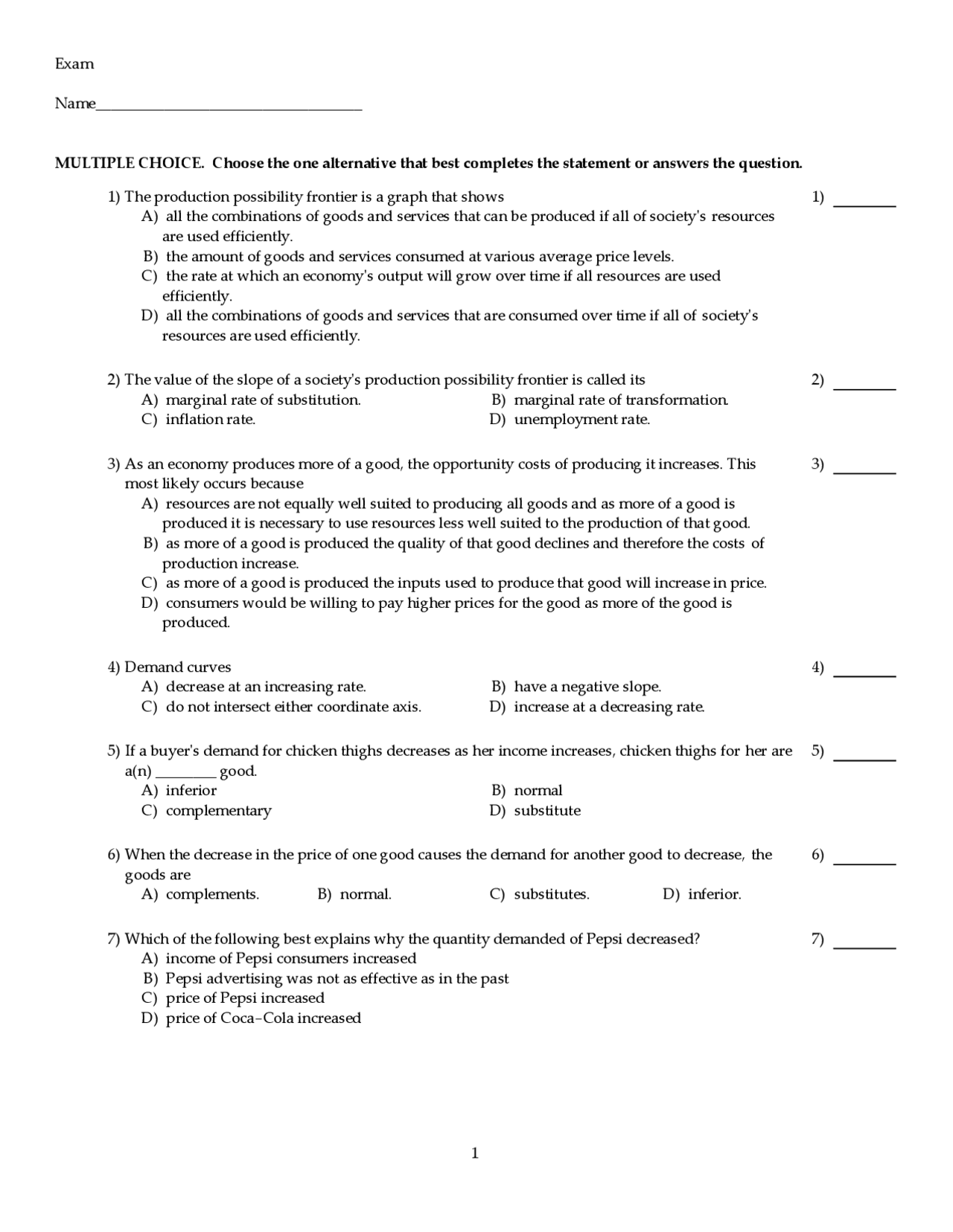 Practice Test 1 Questions Principles Of Economics Econ 2005 Exams