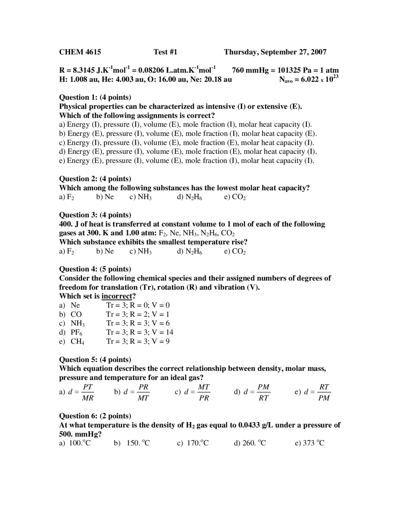Questions for Exam 1 - Physical Chemistry for the Life Sciences | CHEM ...