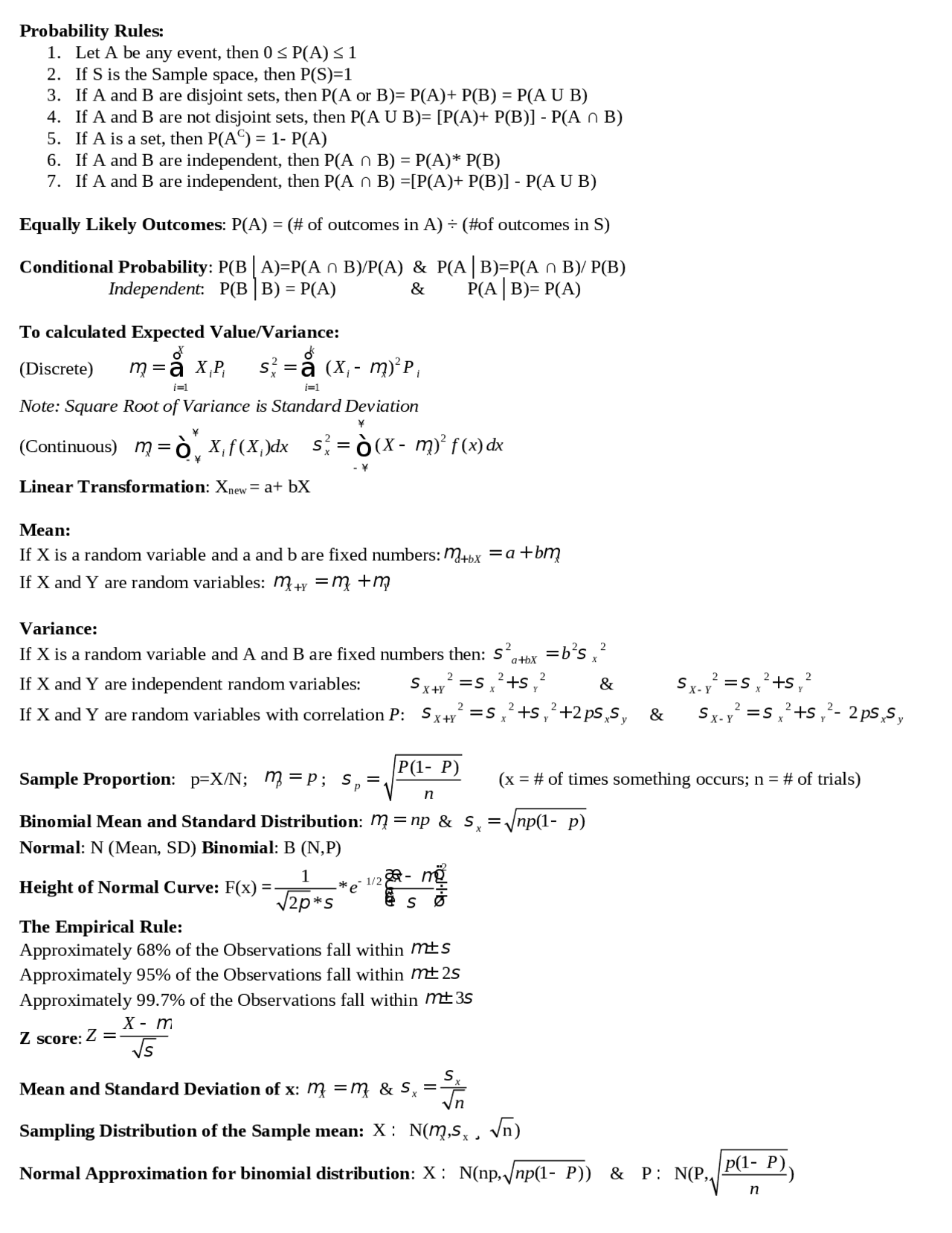Cheat Sheet for Biological Statistics | STAT 3615 - Docsity