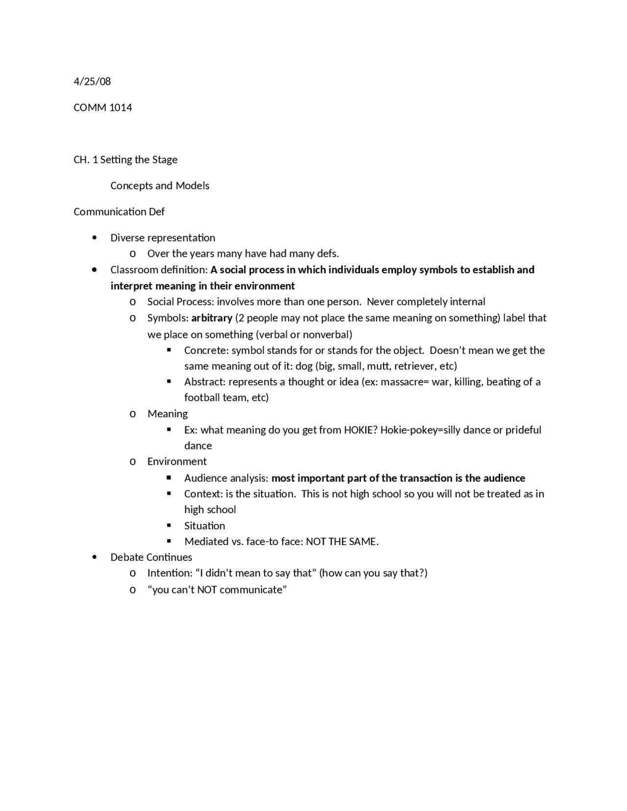 Setting the Stage, Concepts - Introduction to Communication Studies | COMM 1014 - Docsity