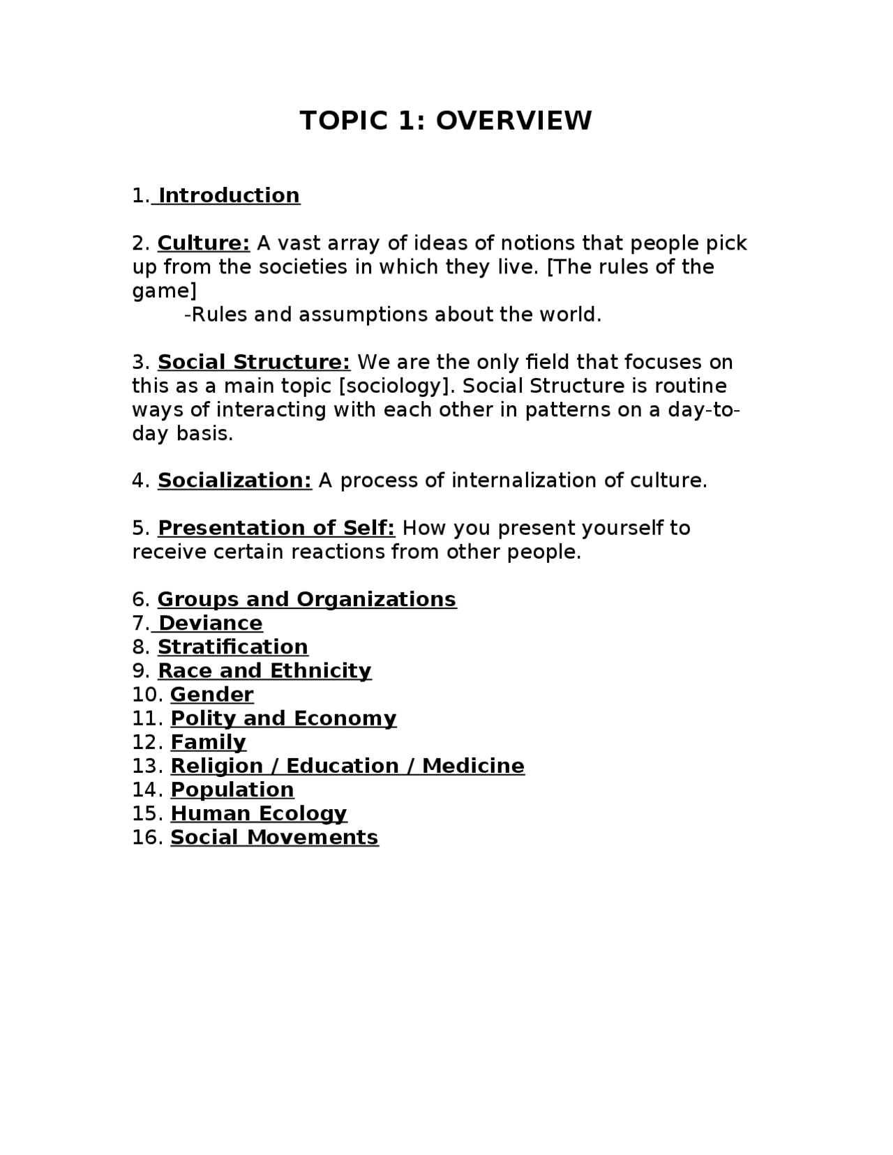 Overview And Introduction Notes On Introductory Sociology Soc 1004