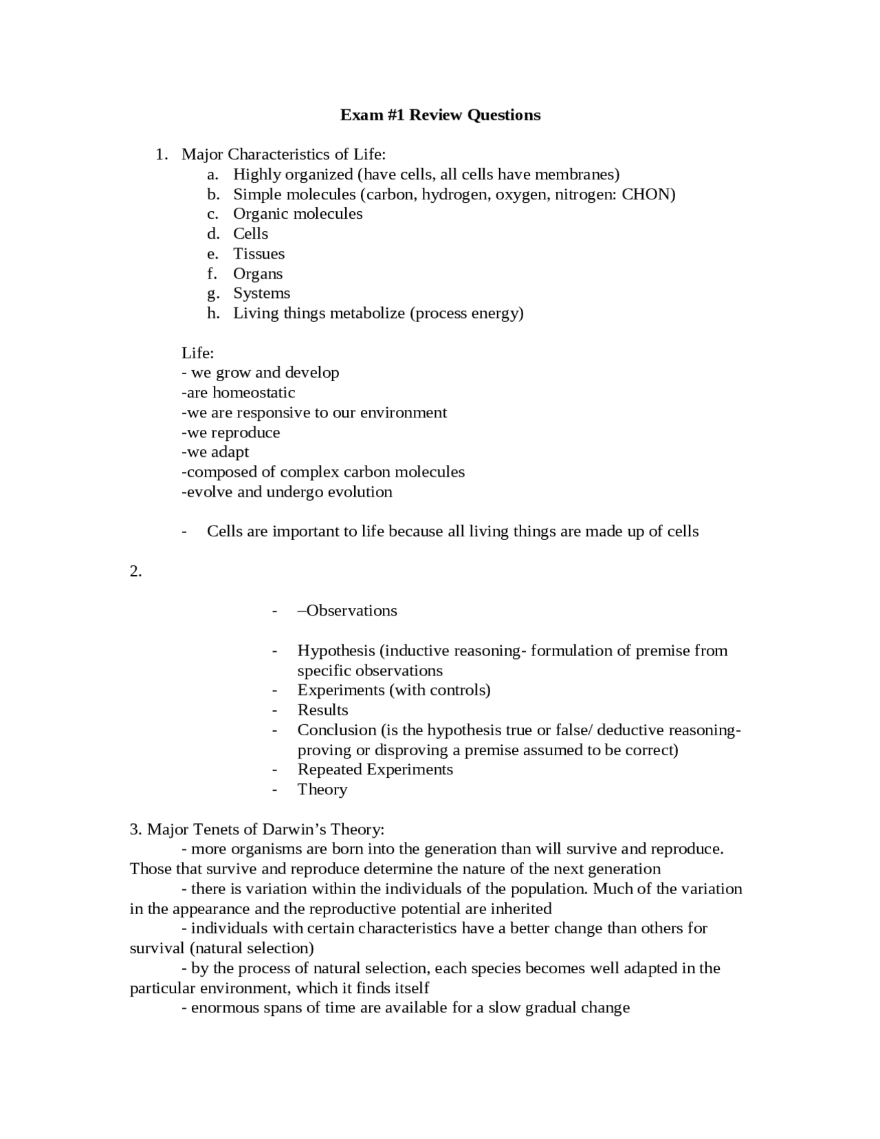 General Biology Review Questions for Exam 1 | BIOL 1005 - Docsity