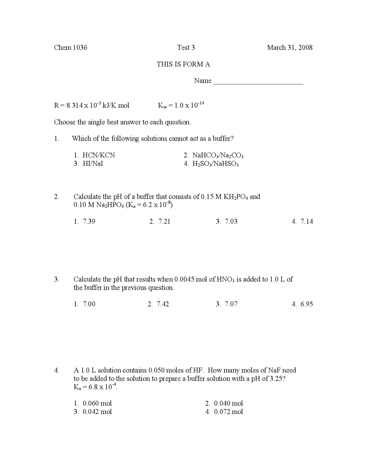 General Chemistry Exam 3 Questions Chem 1036 Docsity