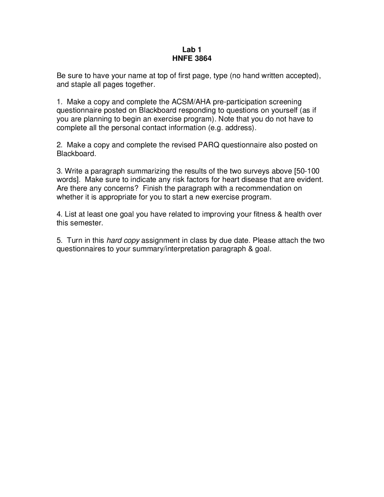 Health Screening Questionnaire Lab 1 Hnfe 3864 Docsity