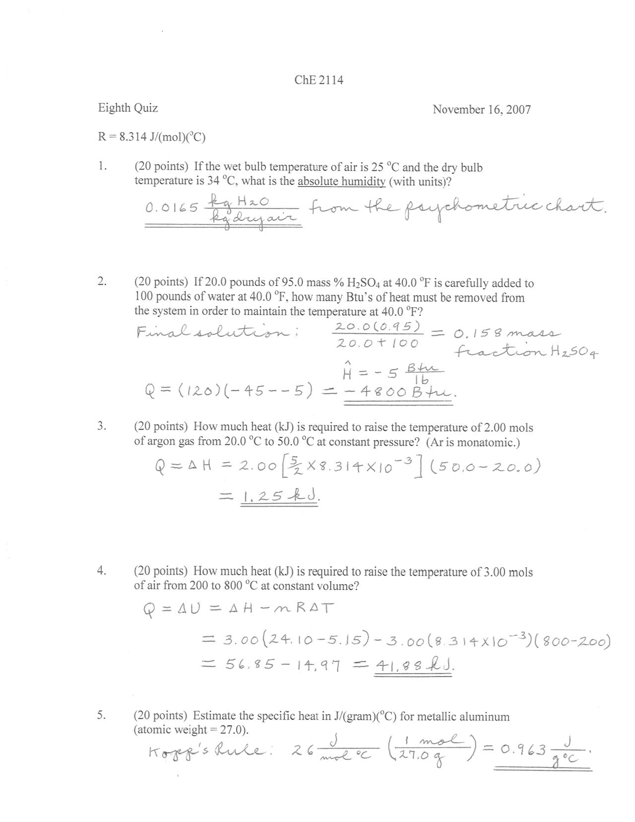 Solutions To Quiz 8 For Mass And Energy Balances Che 2114 Docsity