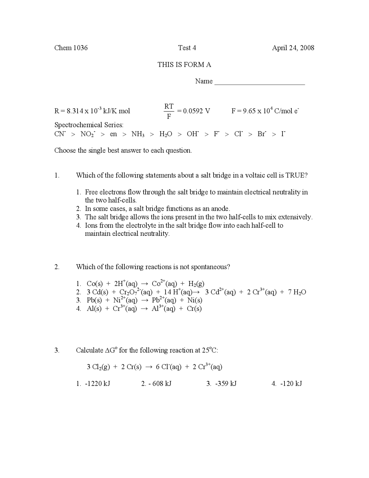 General Chemistry Test 4 Form A Chem 1036 Docsity