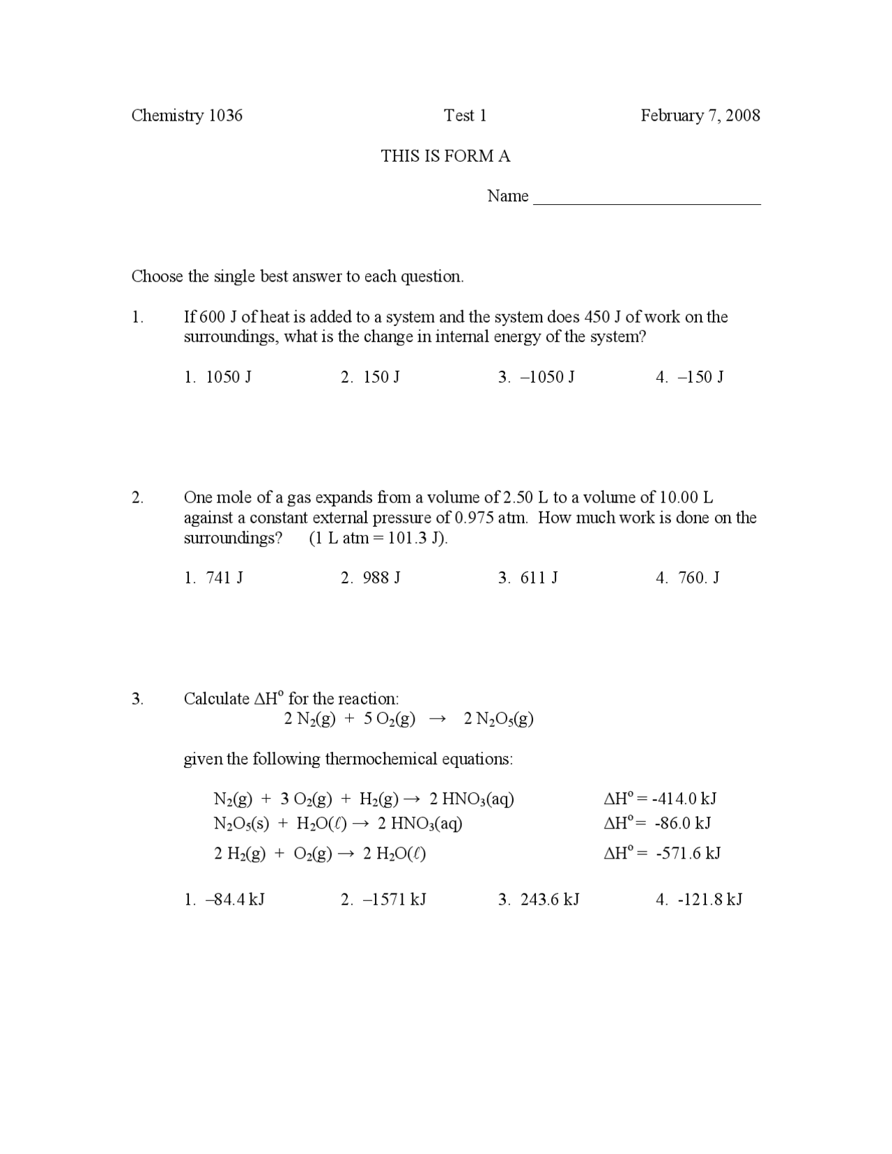 Test 1 Form A General Chemistry Spring 2008 Chem 1036 Docsity