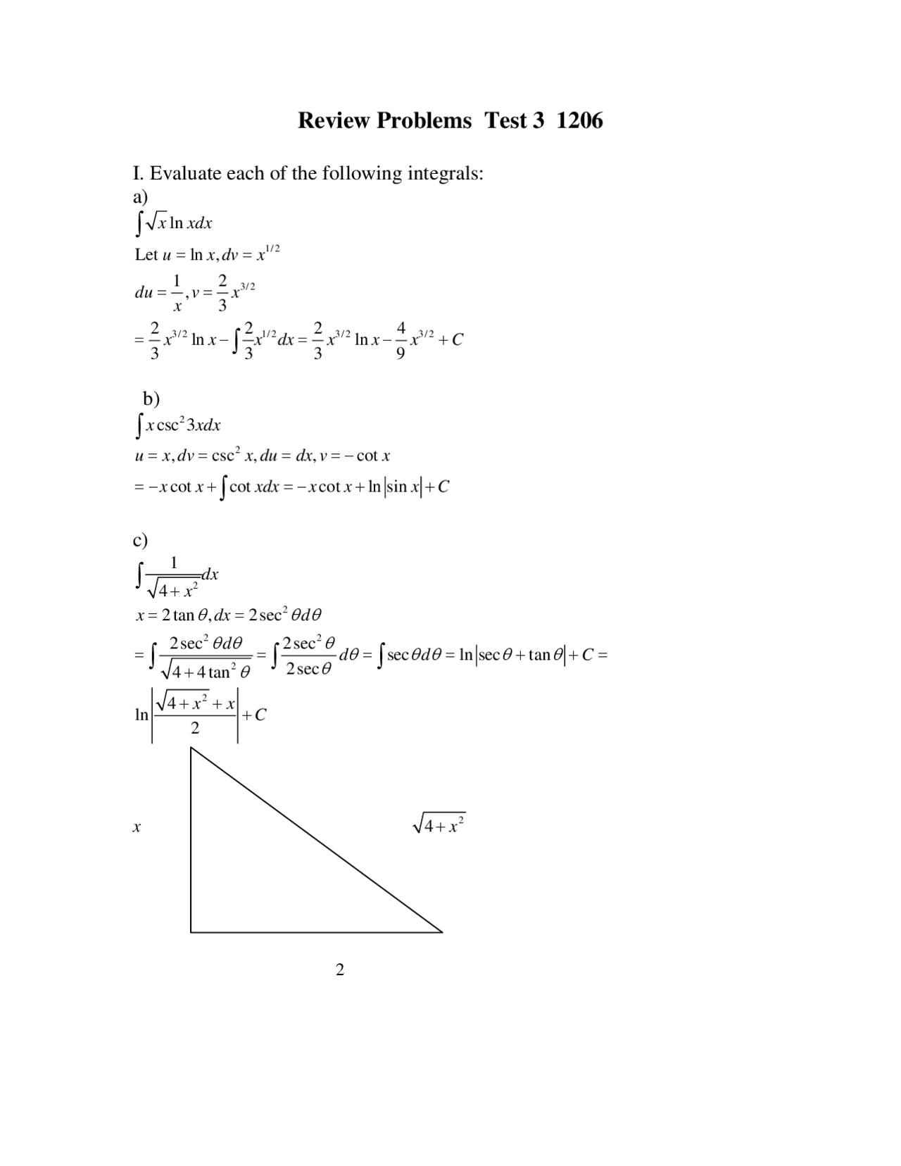 Calculus Review Problems Test 3 Math 1206 Docsity