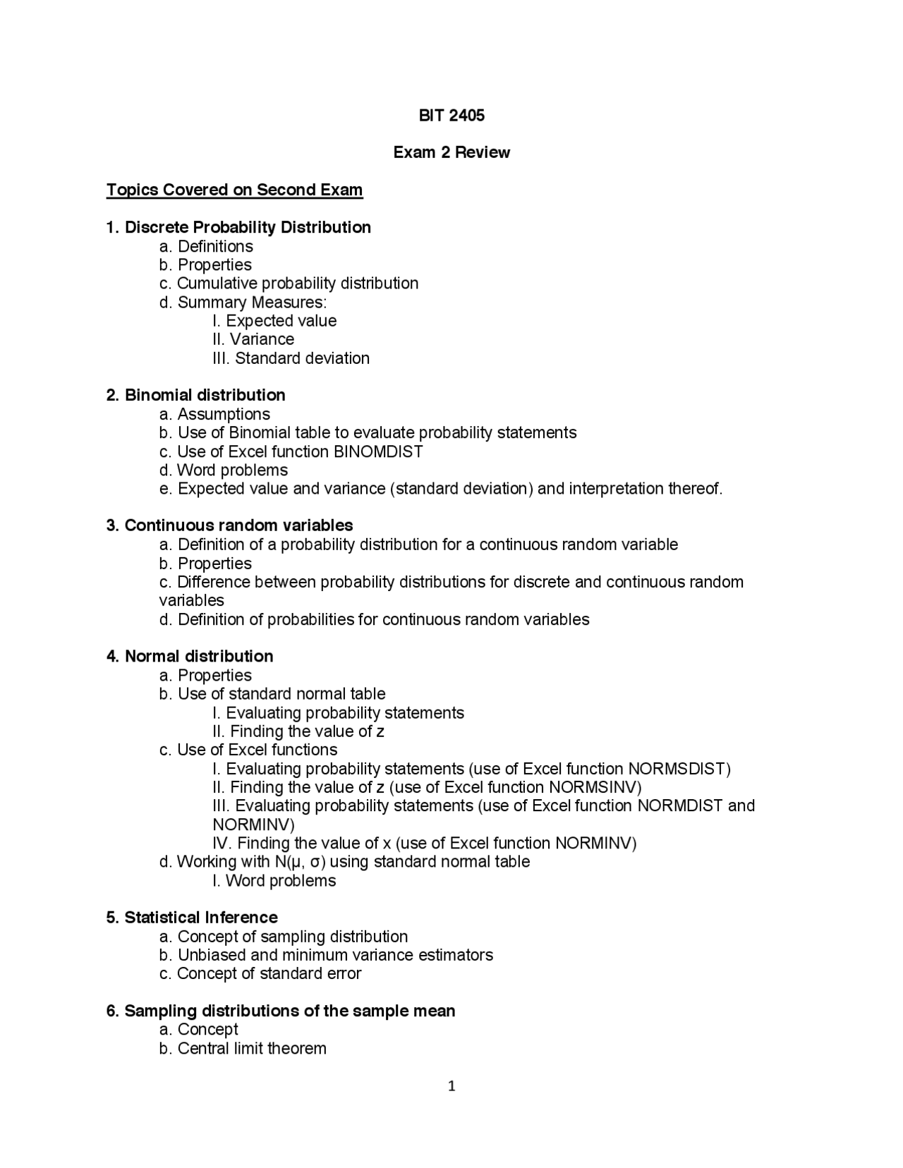Exam 2 Review Quantitative Methods Bit 2405 Docsity