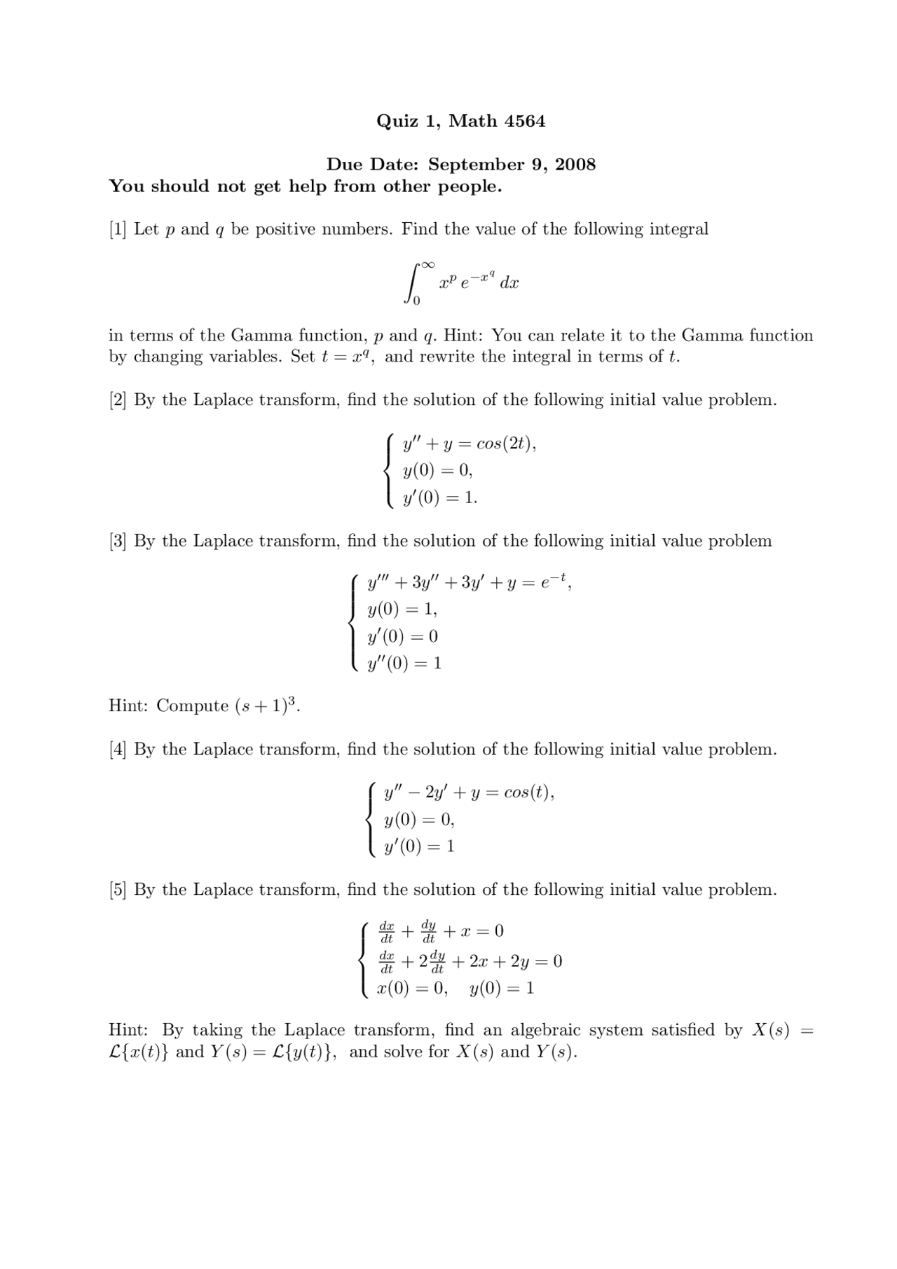 Questions For Quiz 1 Operational Methods Math 4564 Docsity