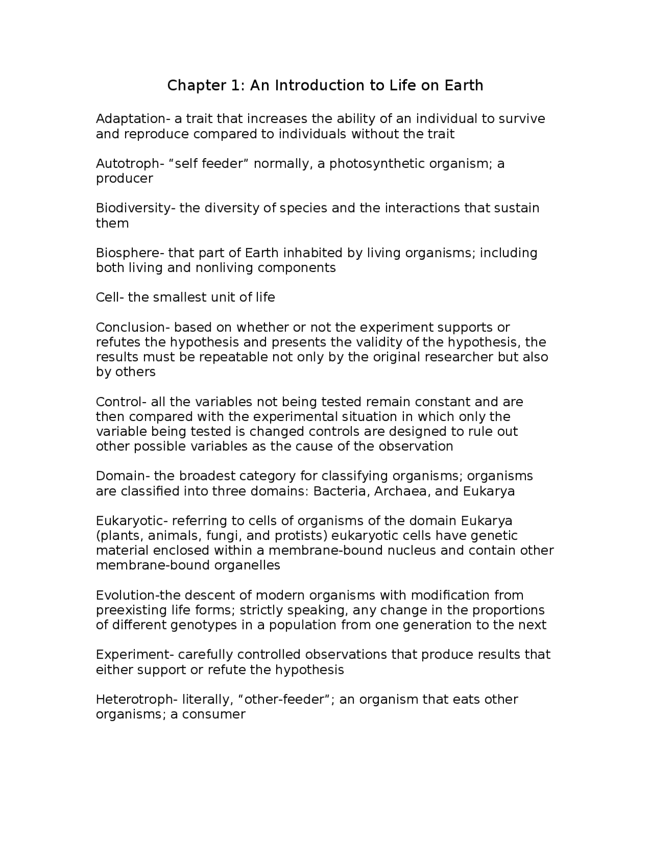 An Introduction to Life on Earth - Notes | BIOL 1005 - Docsity