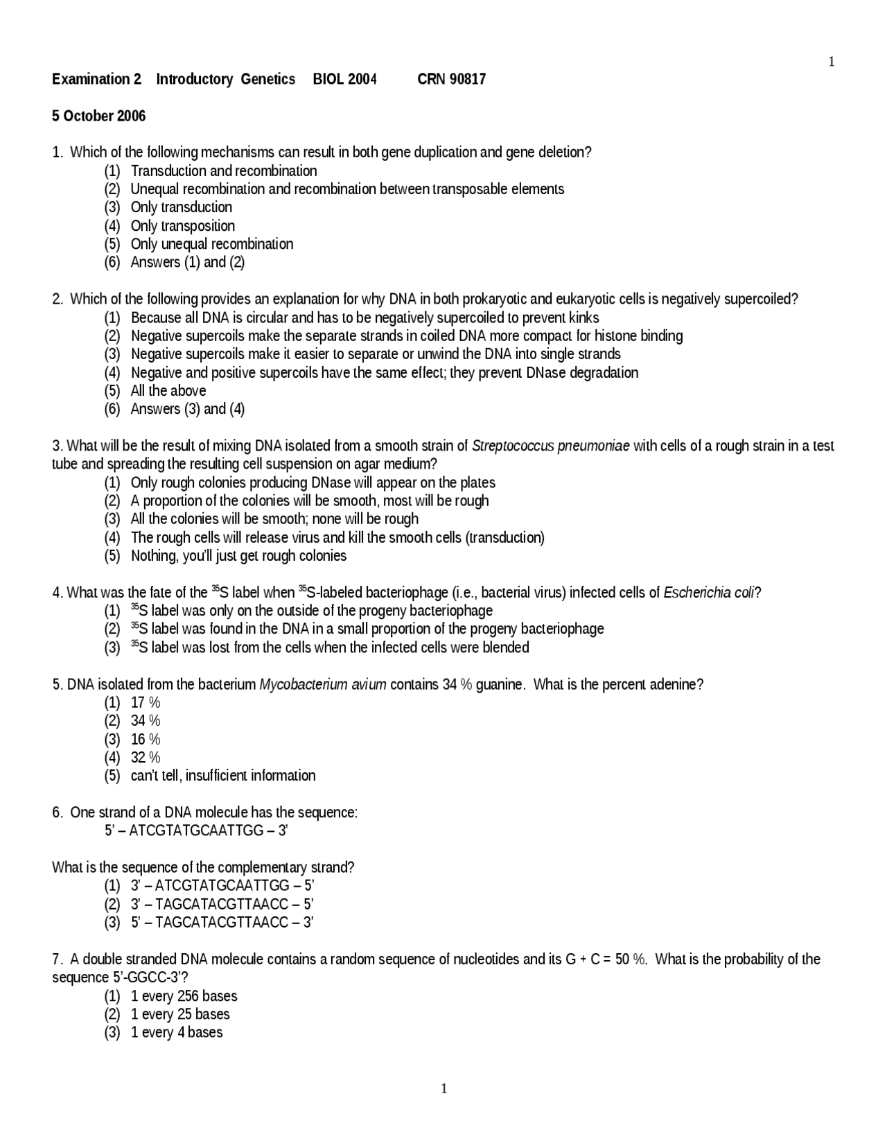 Final Exam Solutions Genetics Fall 2004 Biol 2004 Docsity