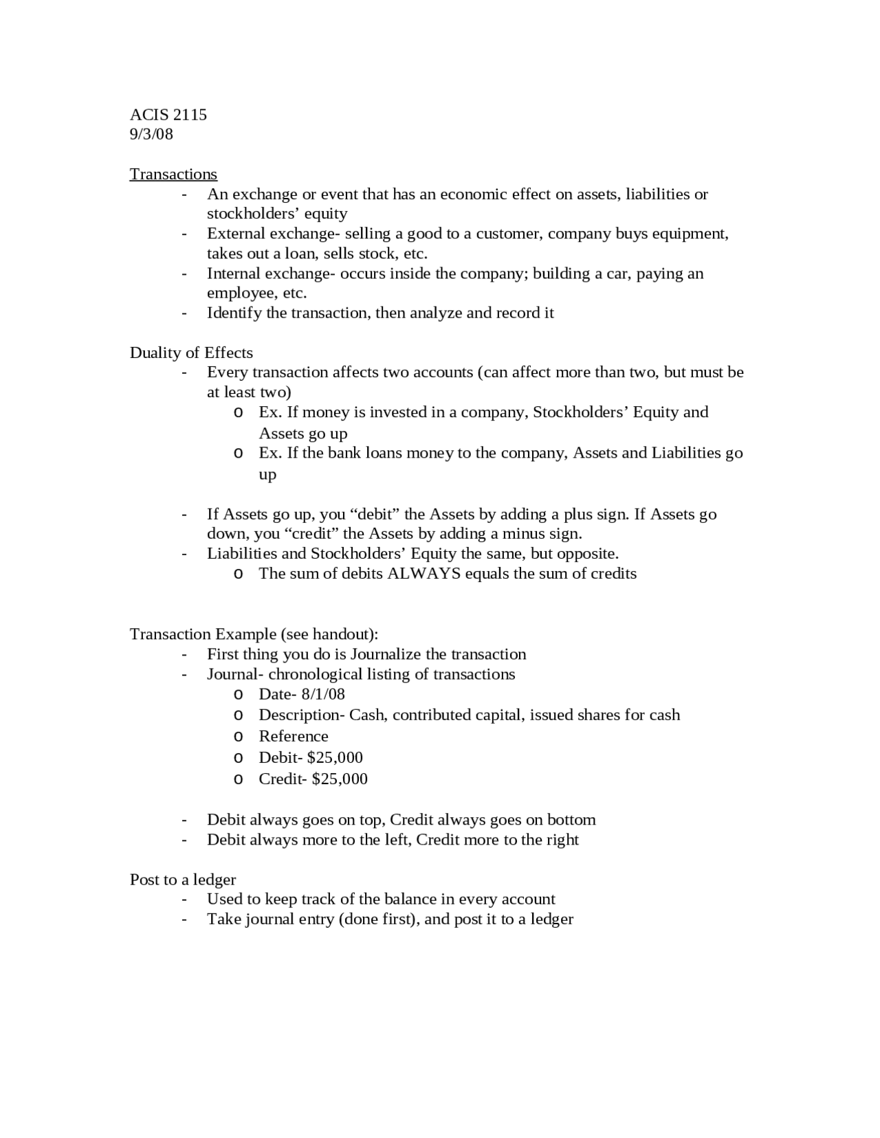 Notes On Transactions Principles Of Accounting Acis 2115 Docsity