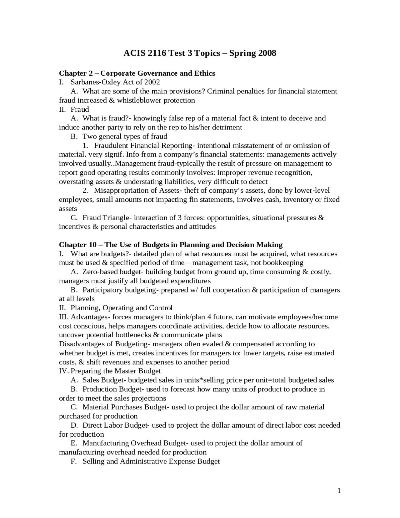 Review Sheet for Exam - Corporate Governance Ethics | ACIS 2116 - Docsity